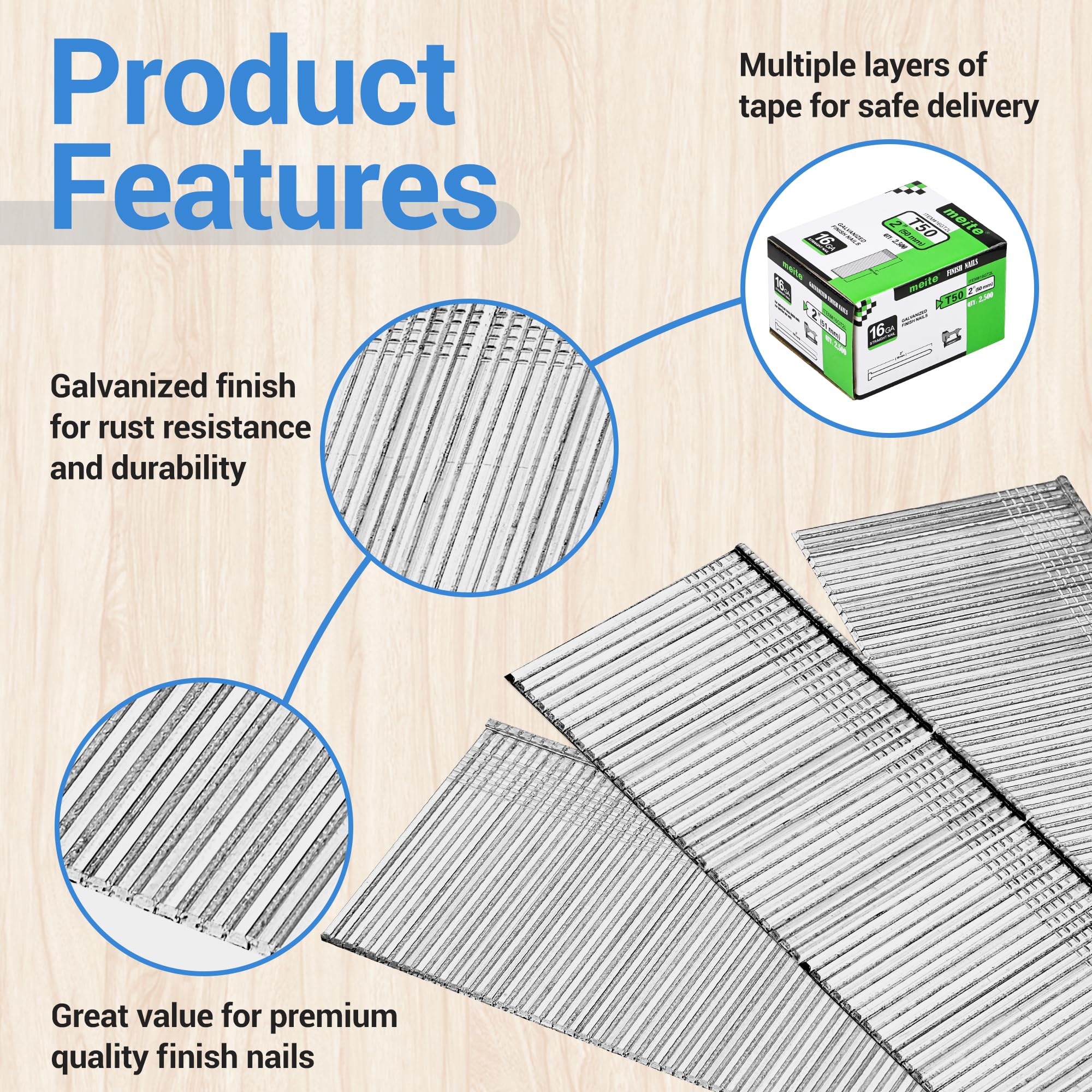 meite 16 Gauge Finish Nails, 2-Inch 16GA Straight Finish Nails Galvanized Finishing Nails for Electric or Pneumatic Nailer Guns (2,500 Counts)