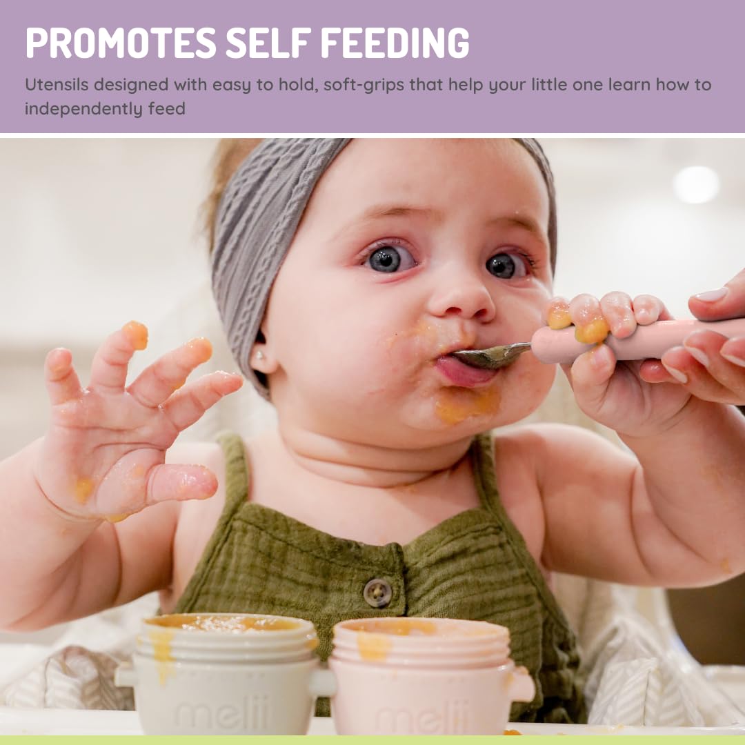 melii Spork On The Go - Travel Utensils for Babies and Toddlers - Detachable Fork and Spoon with Carrying Case - Pink & Purple