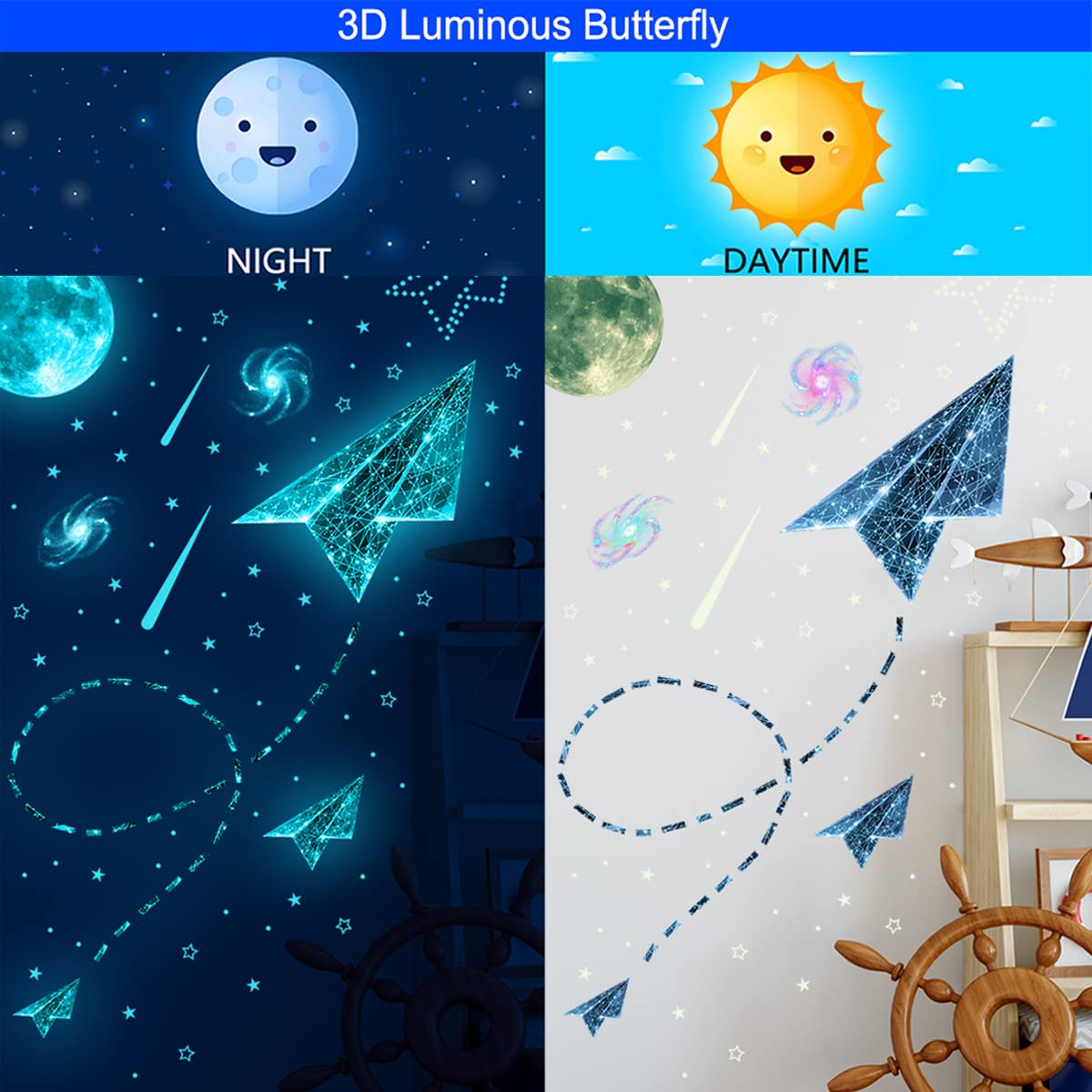 Glow in The Dark Starry Sky Wall Decals for Ceiling Luminous Paper Plane Galaxy Wall Stickers for Baby Kids Nursery Bedroom Ceiling Decor