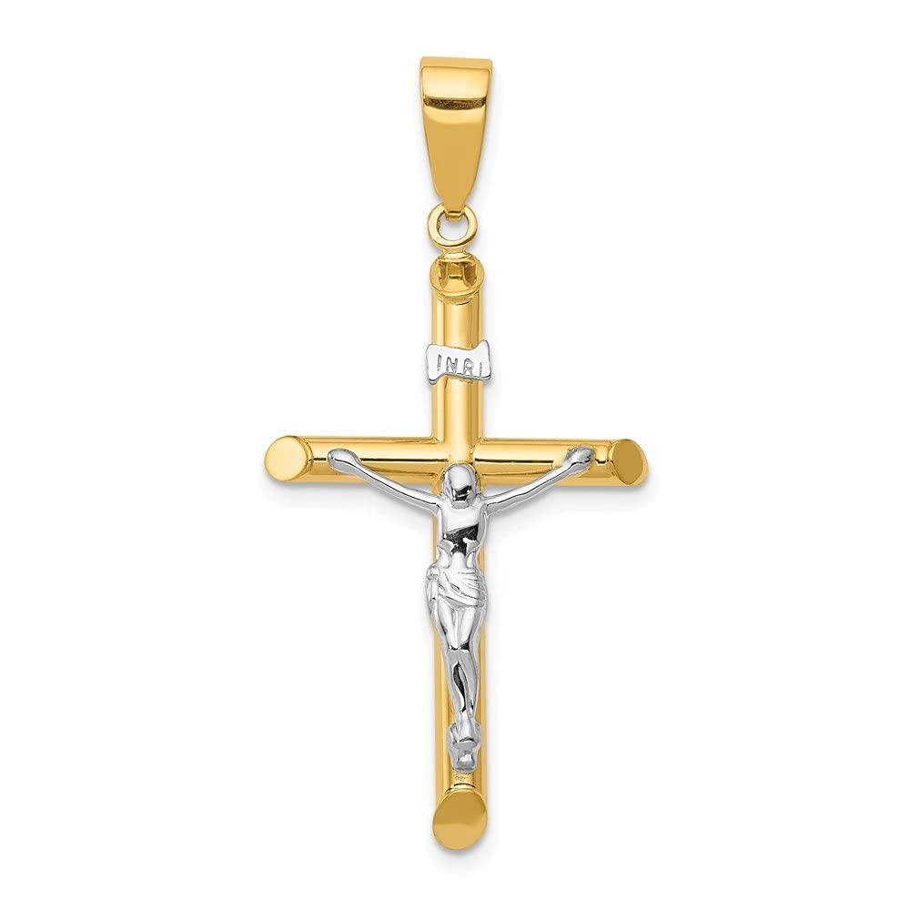 Diamond2Deal Gift for Mothers Day 14K Yellow Gold Two-tone Hollow Religious Crucifix Cross Pendant Fine Jewelry for Women (L- 41 mm W- 20 mm)