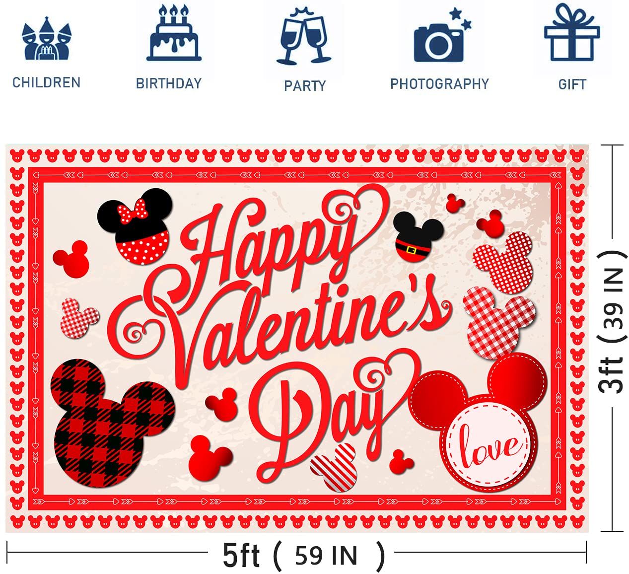 Happy Valentine's Day Backdrop, Cartoon Mouse Theme Valentines Backdrops for Photography Red Mouse Pattern Romantic Love Banner Background for Valentines Wedding Propose Marriage Decor