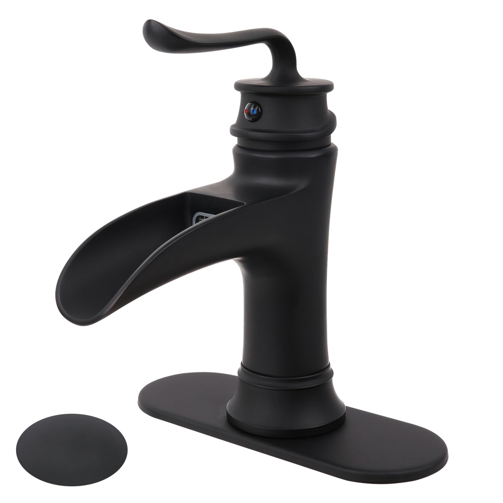 M OUDEMEI Solid Brass Waterfall Spout Bathroom Sink Faucet, Single Handle Lavatory Faucet with Deck Plate for 1 OR 3 Hole, 4 Inch Centerset Vanity Faucet (with Drain, Matte Black)