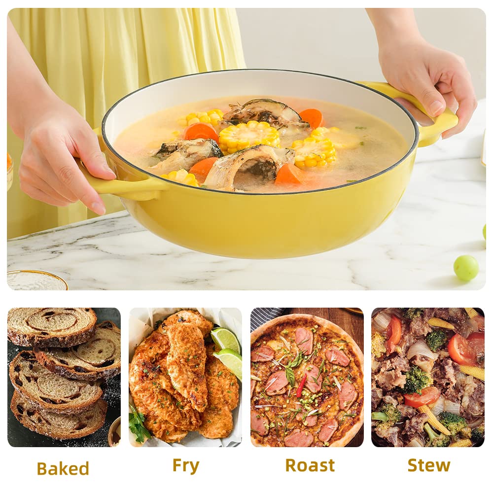 M-COOKER 3.8 Quart Enameled Cast Iron Braiser Pan with Lid,Covered Cast Iron Casserole Dish, Shallow Dutch Oven with Lid, Gift Idea for Family, Oven Safe (Yellow)