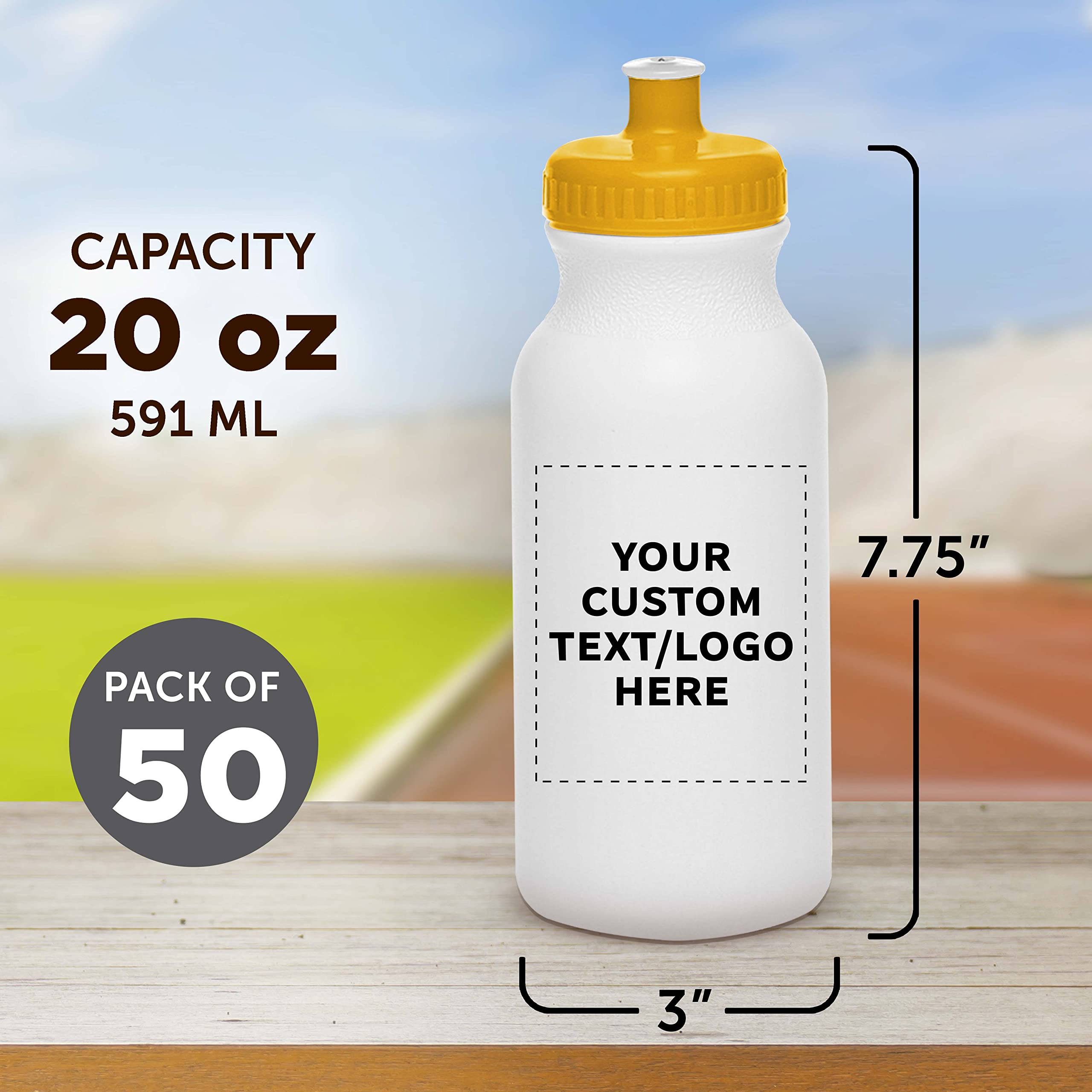 DISCOUNT PROMOS Custom White Water Bottles with Push Cap -50 pack, Customizable Text, Logo, 20 oz, Reusable BPA FREE Squeezable Bottles in Bulk - White Yellow