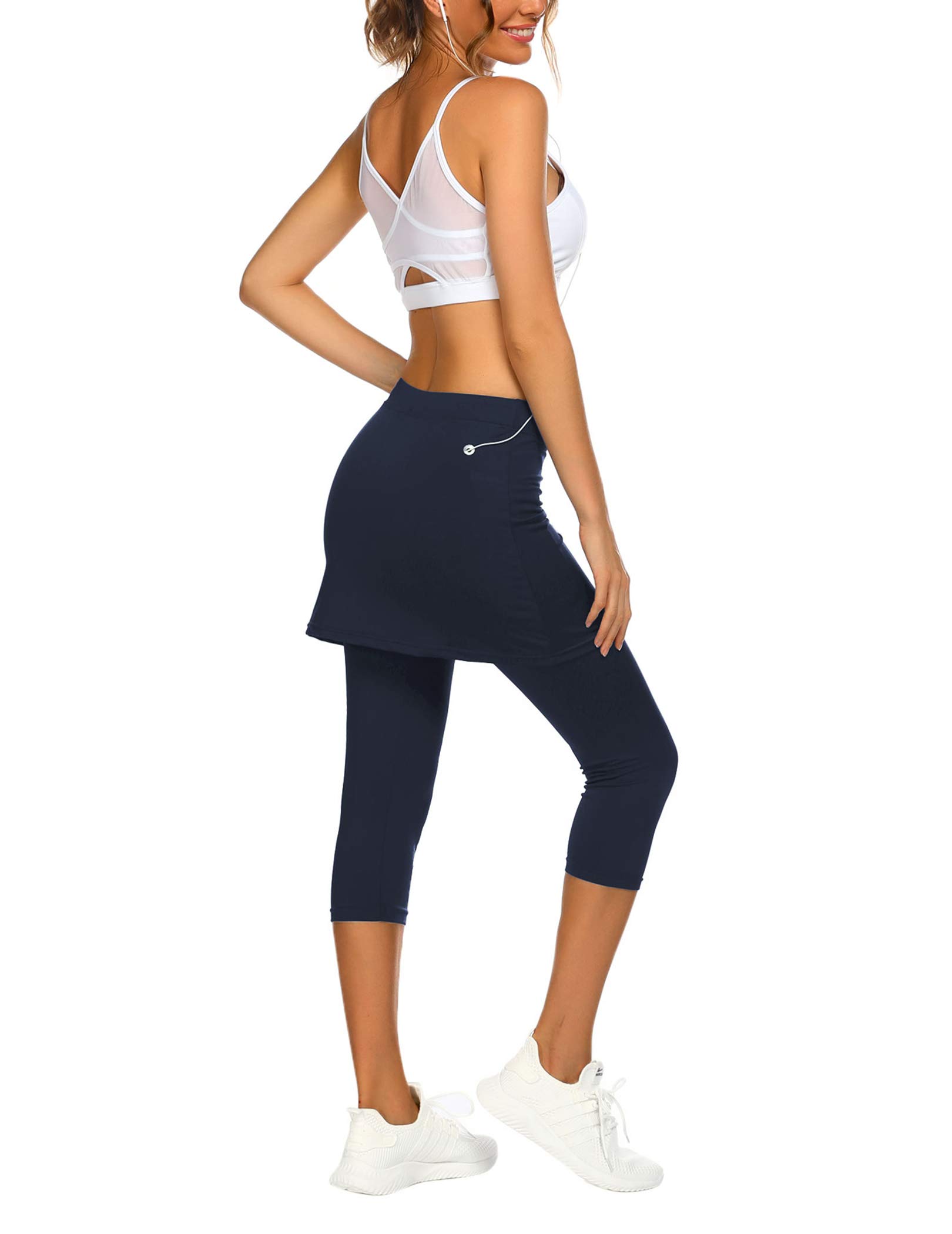COOrun Skirted Legging for Women Yoga Legging with Skirts Pockets Solid Tennis Golf Capris Leggings Skort Navy Blue