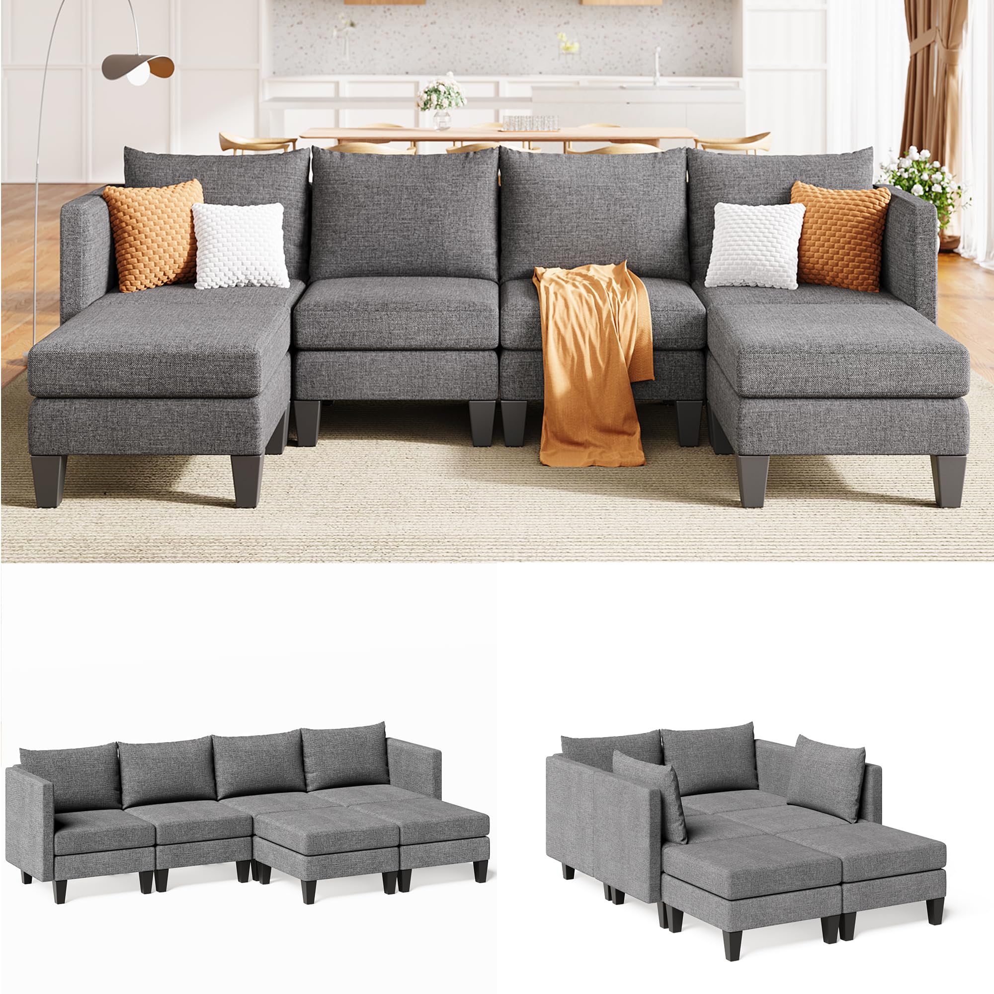 Gizoon Modular Sectional Sofa, Convertible U Shaped Sofa Couch with Ottomans, 6 Seats Sectional Sofa Couch for Living Room, Dark Grey