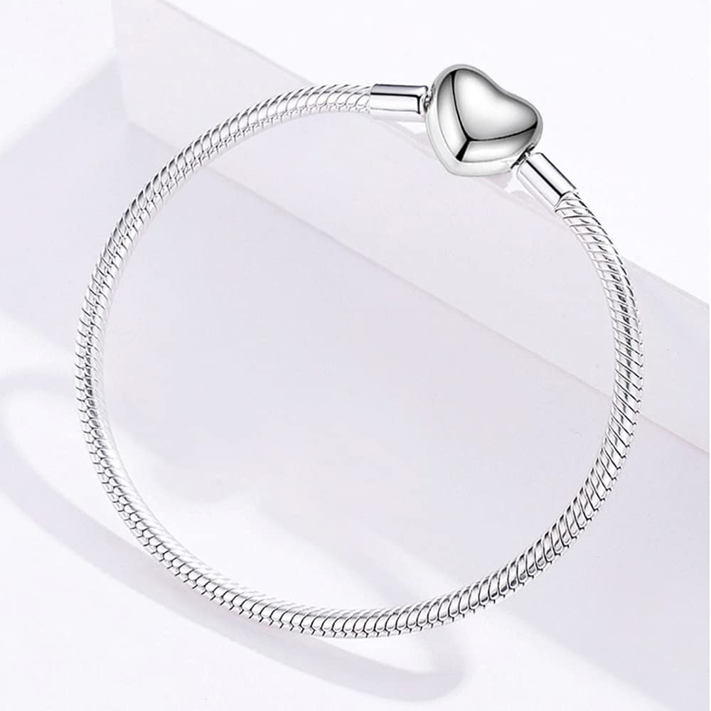 DEWHLIA Solid 925 Sterling Silver Heart Clasp Snake Chain Bracelet Fit For Beads Charms Bracelet 7.5 in