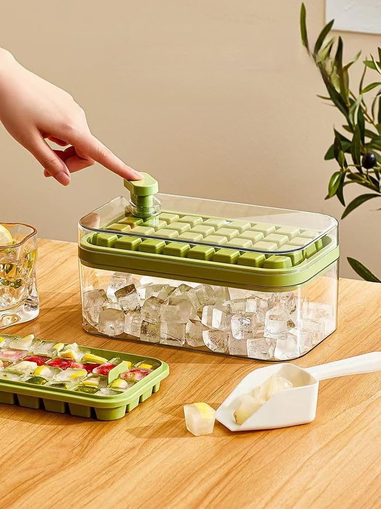 GOHOLE Ice Cube Trays for Freezer with Lid and Bin, 64 Ice Cubes, 2 Trays, Container, Lid & Ice Scoop (Green)