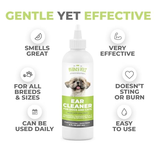 Mighty Petz Dog Ear Cleaner – Pet Ear Wash to Support Itchy, Infection Prone Ears, Yeast and Wax. Advanced & Gentle Otic Cleaning Solution. Ear Drops for Dogs and Cats - 8 oz