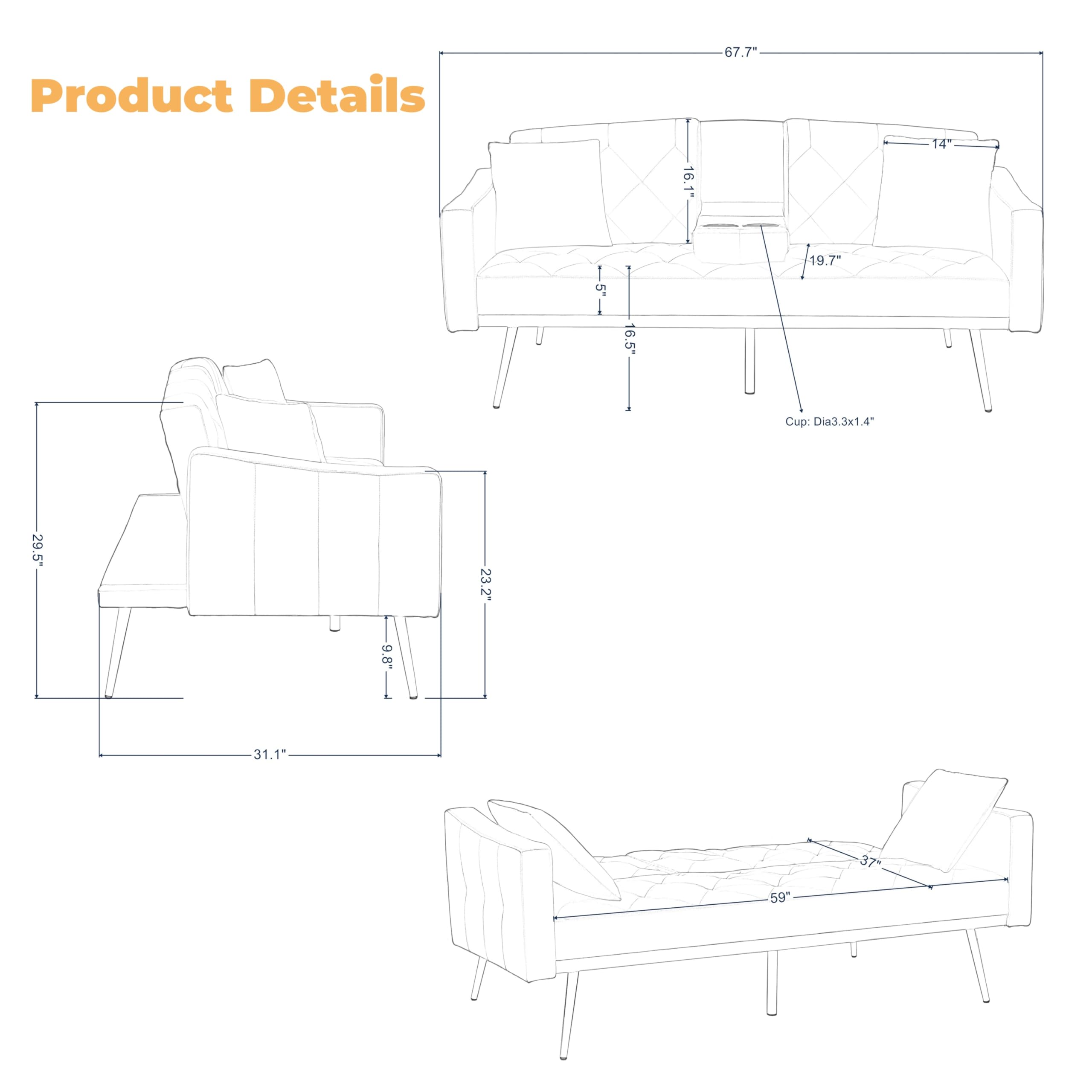 GlasFlength Futon Couch Foldable Sleeper Sofa Bed, Loveseat Sofa Folding Double Couch with Two Cup Holders 2 Matching Pillows, 67.7” Upholstered Sofa for Living Room and Guest Rooms, Dark Grey