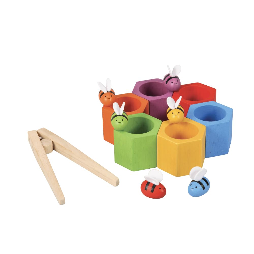 PlanToys Beehive Color Sorting Toy for Toddlers - Sustainably Made from Rubberwood Featuring Organic Coloring with 6 Colored Bees and Matching Beehive