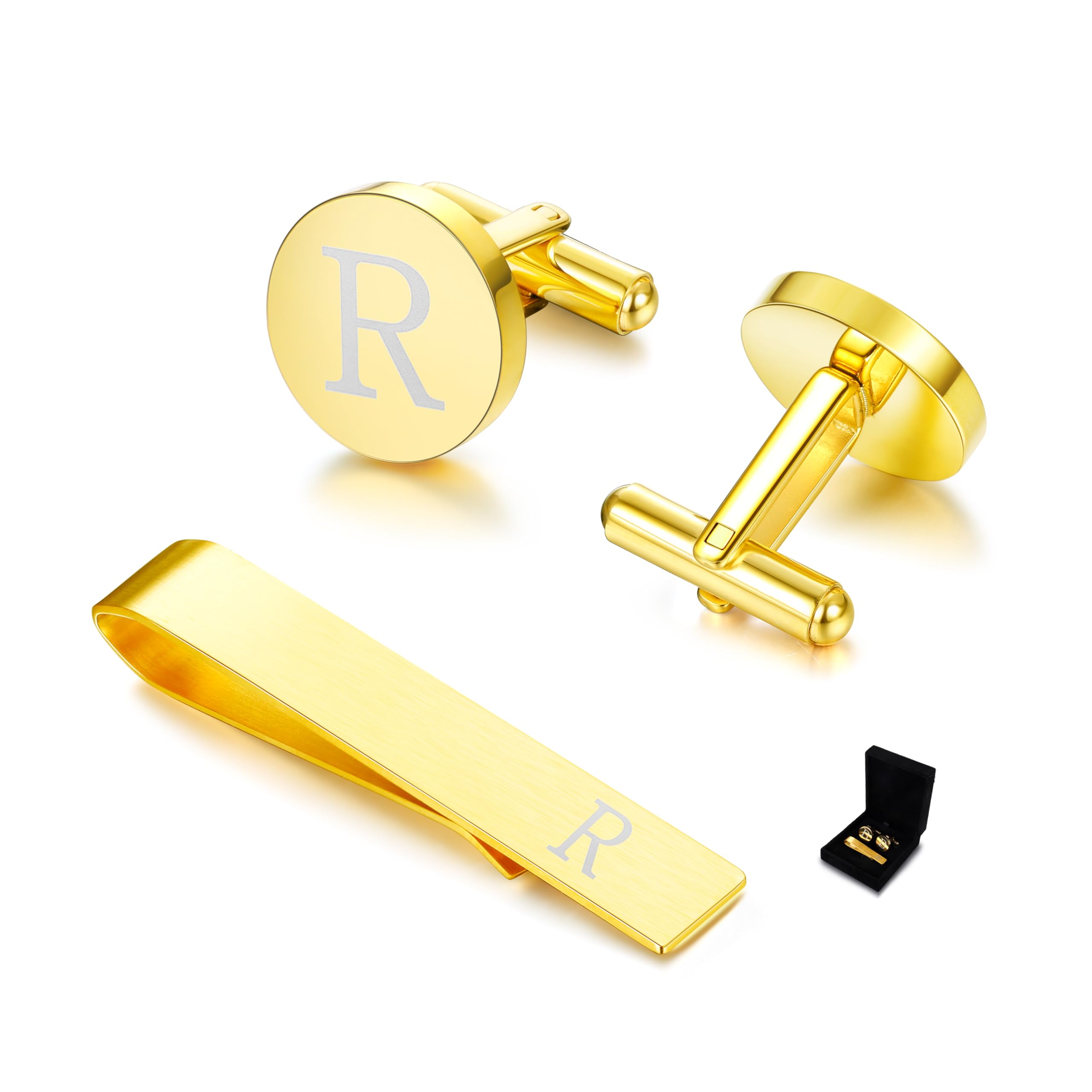 Diamday Cuff Links and Tie Clips Set Personalized Cufflinks for Men Gold R Initial Cufflinks Men's Link Shirt Studs Tie Letter Tie Clips and Cufflinks Set with Box Groomsmen Gift for Him