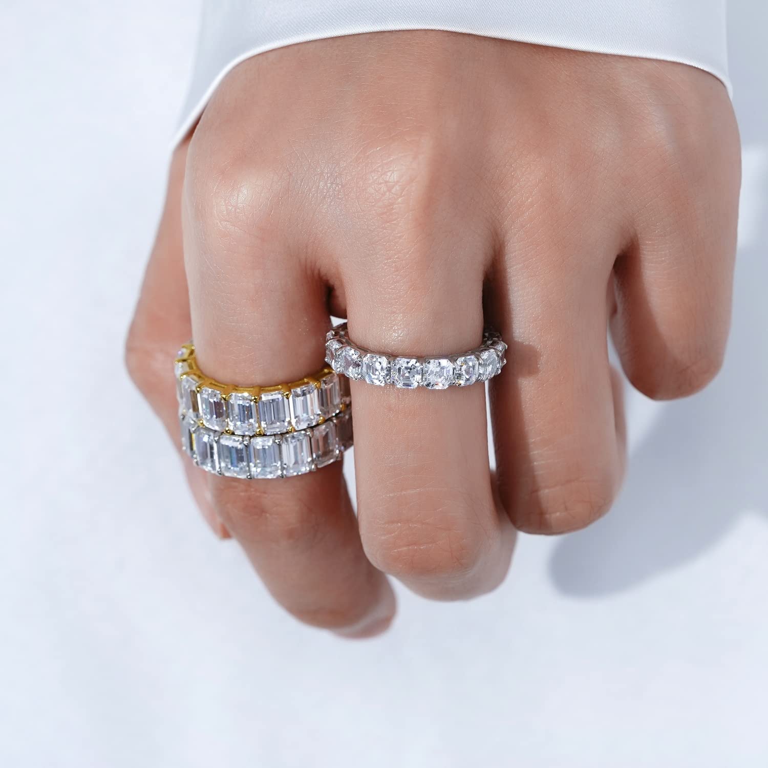 DIAMONBLISS Rhodium Clad Sterling Silver 6 cttw Asscher Cut Simulated Diamonds Eternity Ring, Size 8