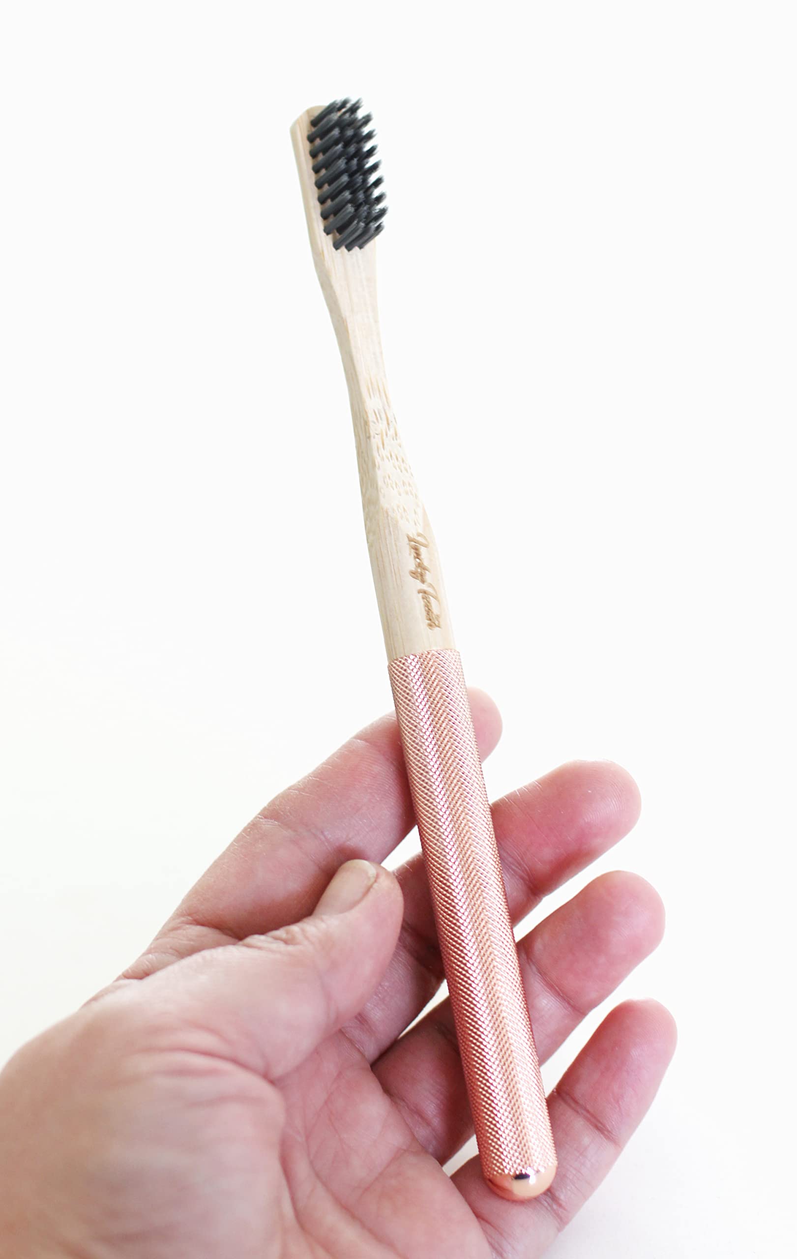 Replaceable Bamboo Toothbrush Aluminum Handle - BPA Free, Soft Bristles | Eco-Friendly, Biodegradable, Compostable, Vegan & Zero Waste | 3 Heads Total | 9-12 Months supply. (COPPER CHARCOAL BRISTLES)