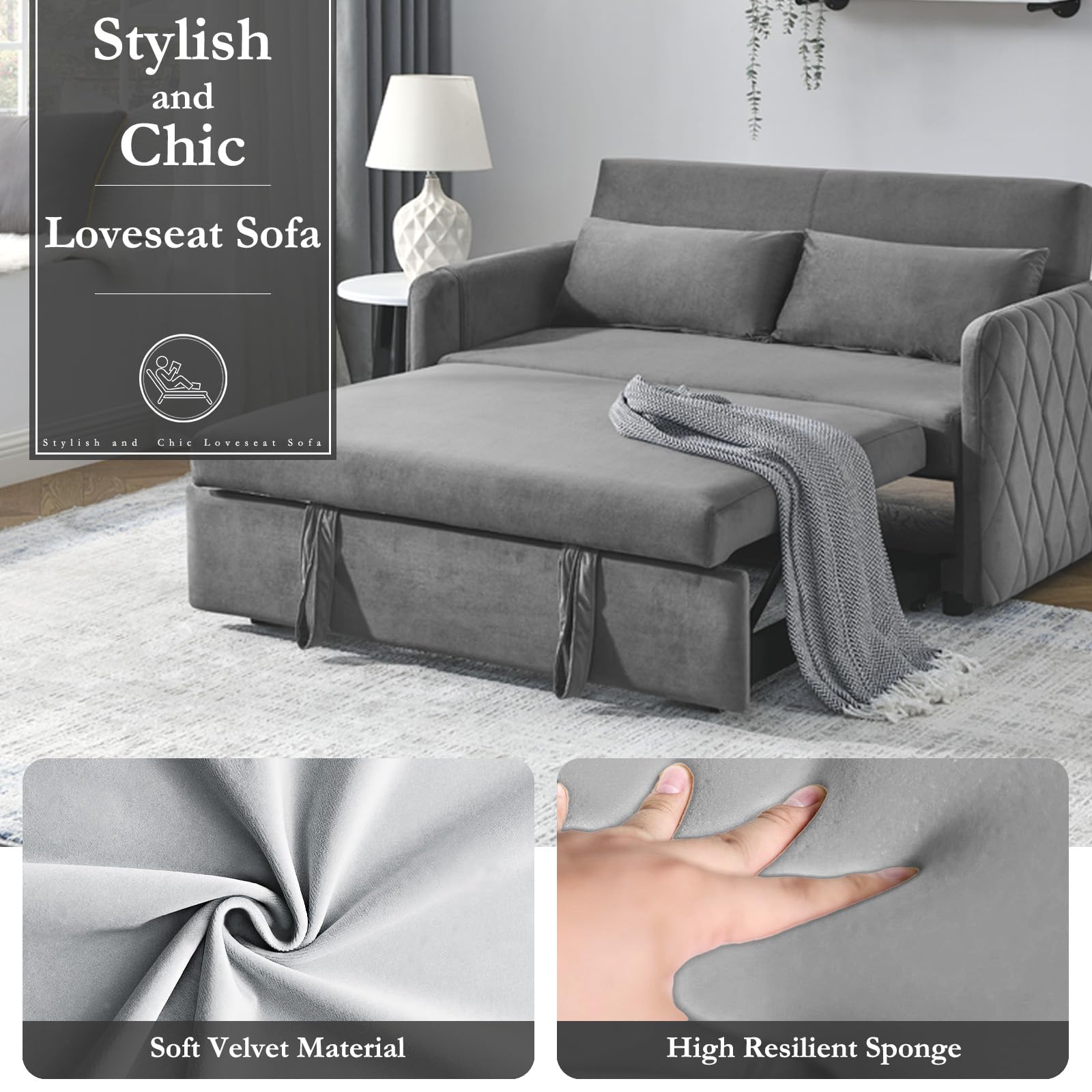 Velvet Pull Out Sofa Bed, 3 in 1 Convertible Loveseat Sleeper, Pull Out Couch with Adjustable Backrest, Side Pocket and 2 Throw Pillows, Chaise Lounge Futon Couch for Living Room Bedroom (Grey)