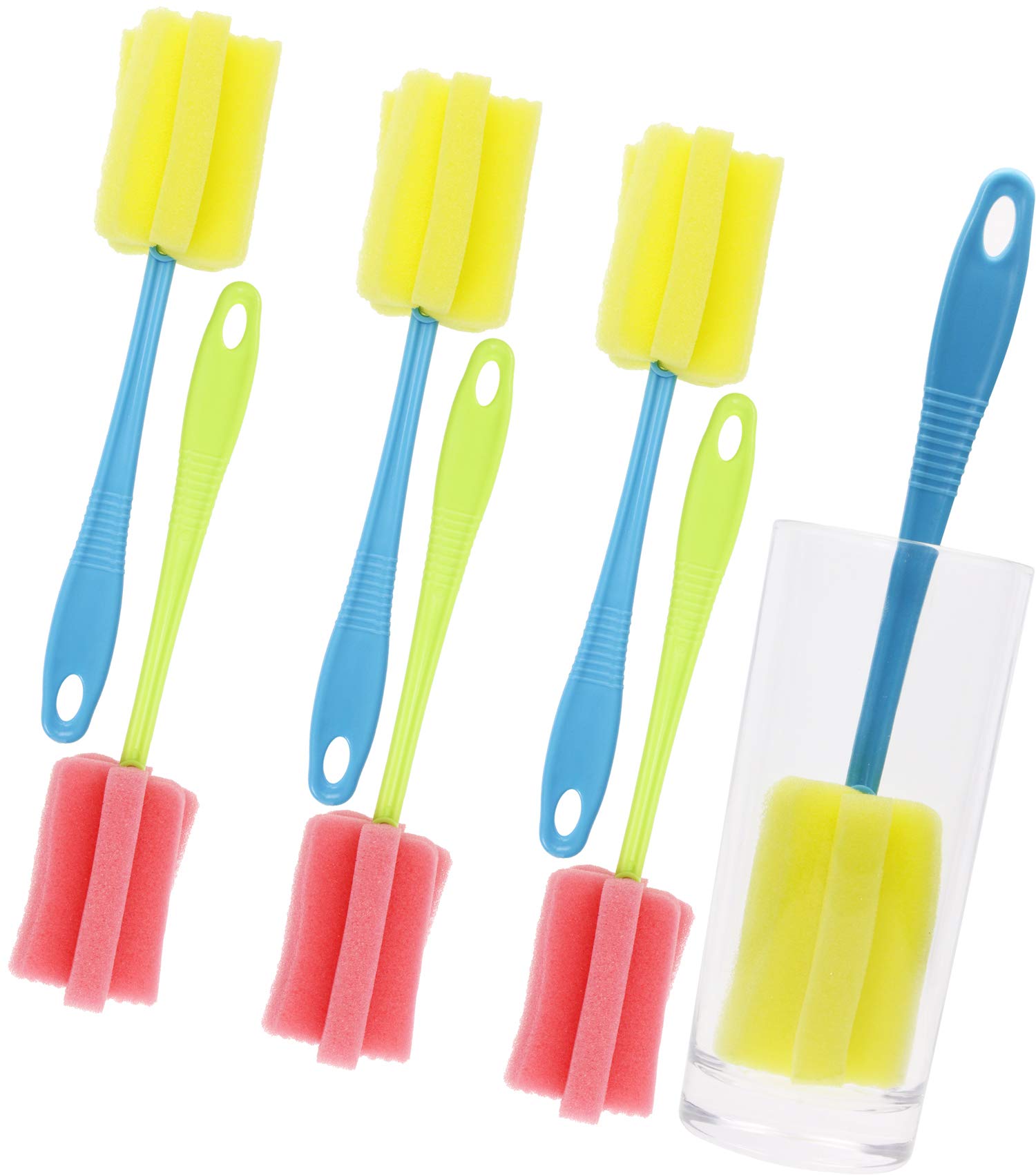 Mini Skater 6Pcs Sponge Cleaning Brush Long Plastic Handle Feeding Bottle Milk Bottle Cleaner Cup Cleaning Brush for Glass Winebottle Coffee Tea Glasses Pot Water Bottle,Random Color
