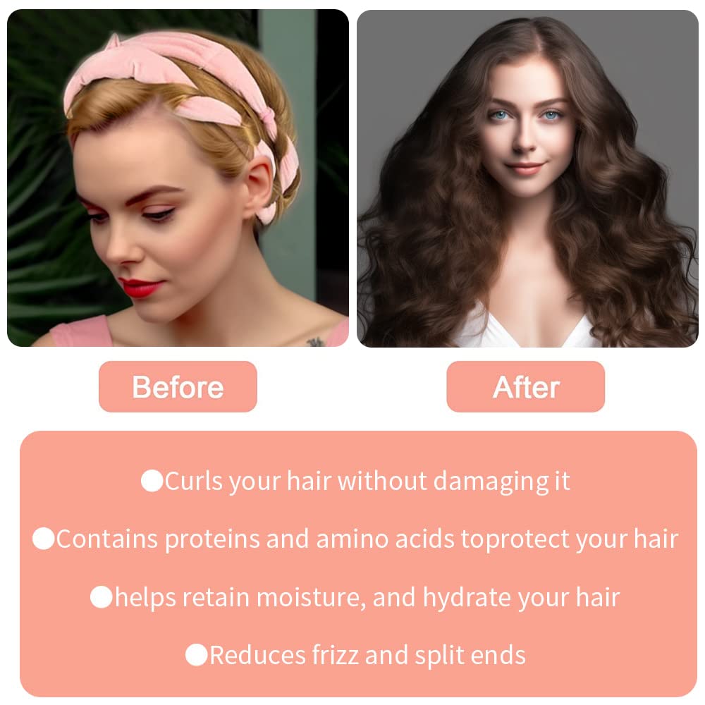 Heatless Sleeping Curling Rod Headband, No Heat Curl Ribbon with Clips and Scrunchie,Natural Soft Wave DIY Hair Rollers Styling Tool (Wine red)