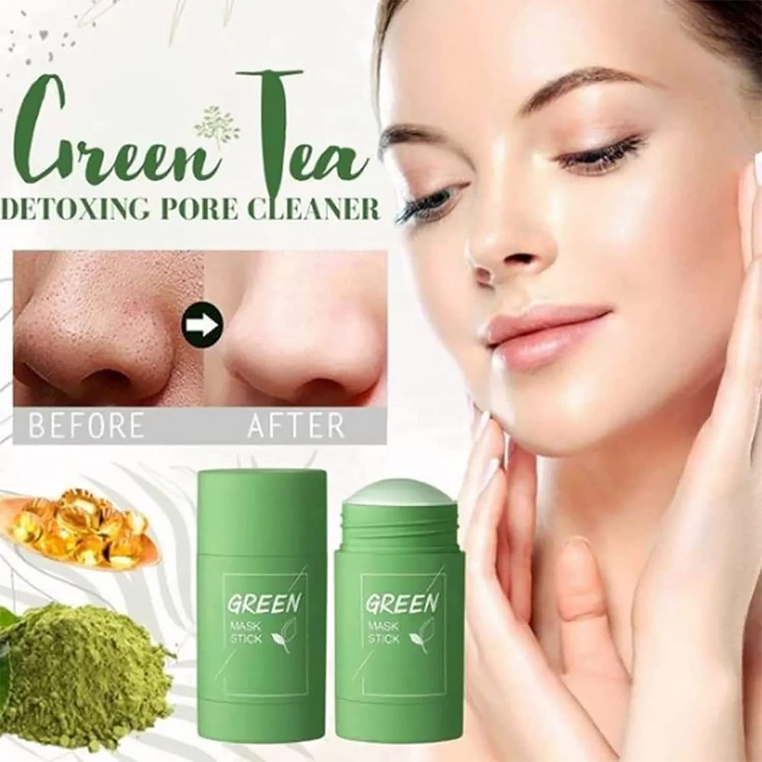 HENGBANG 2pcs Pocoskin Natural Green Tea Mask, Moisturizing, for Face, Unisex