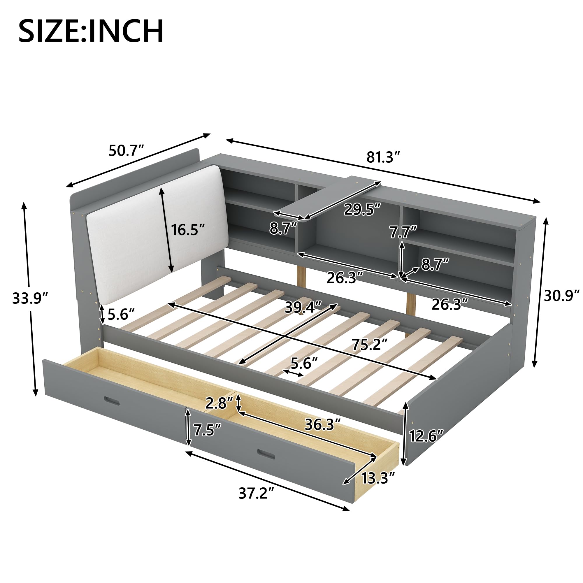 DNChuan Twin Size L-Shaped Daybed with Upholstered Storage Headboard and Underneath Drawers,Captains Bed with Bookcase,Rotatable Table Board,Gray