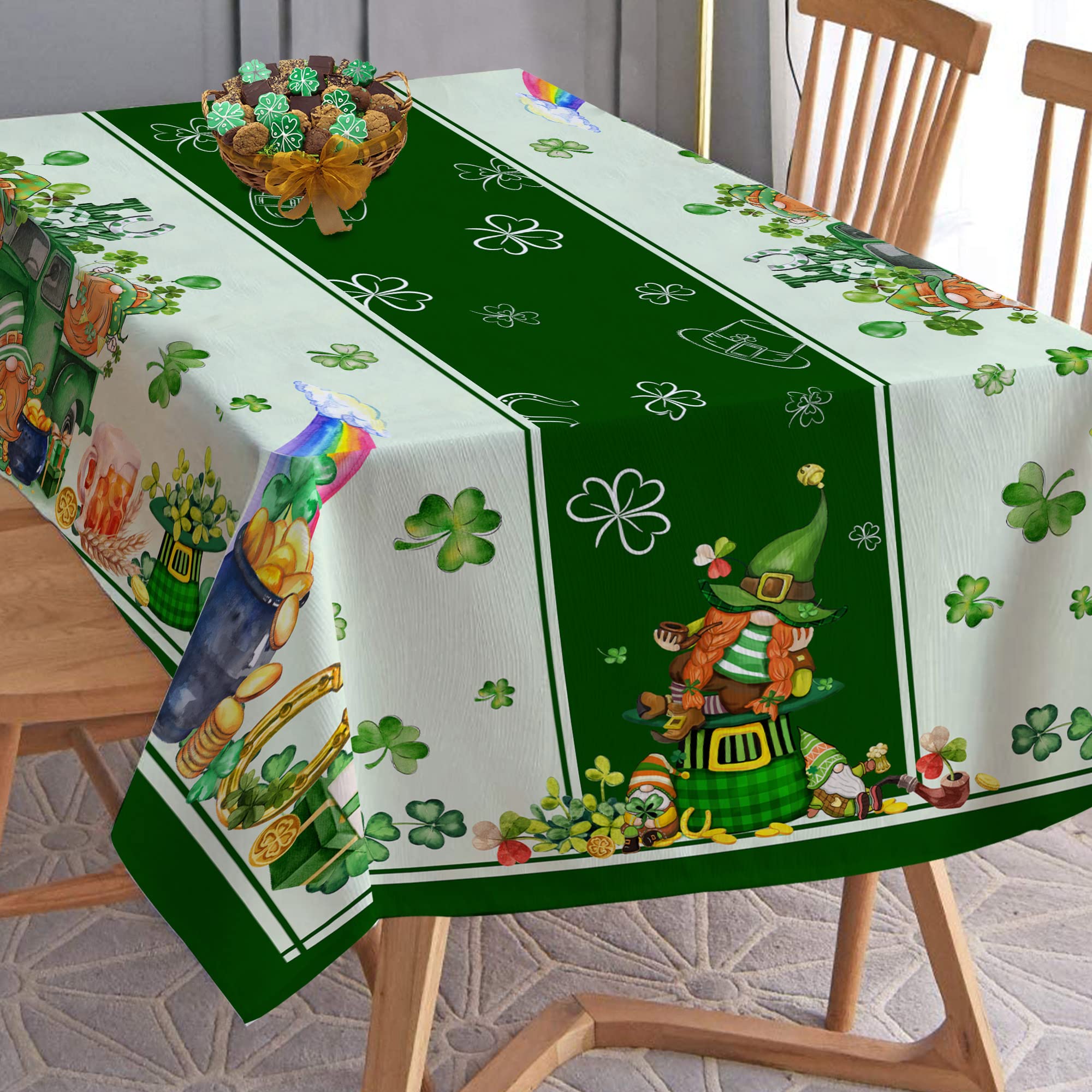 Hexagram St Patricks Day Tablecloth, Green Tablecloth Rectangle 60x84 inch, Gnomes Truck Gold Coins Holiday St Patricks Day Decorations for Home,Dinner,Party