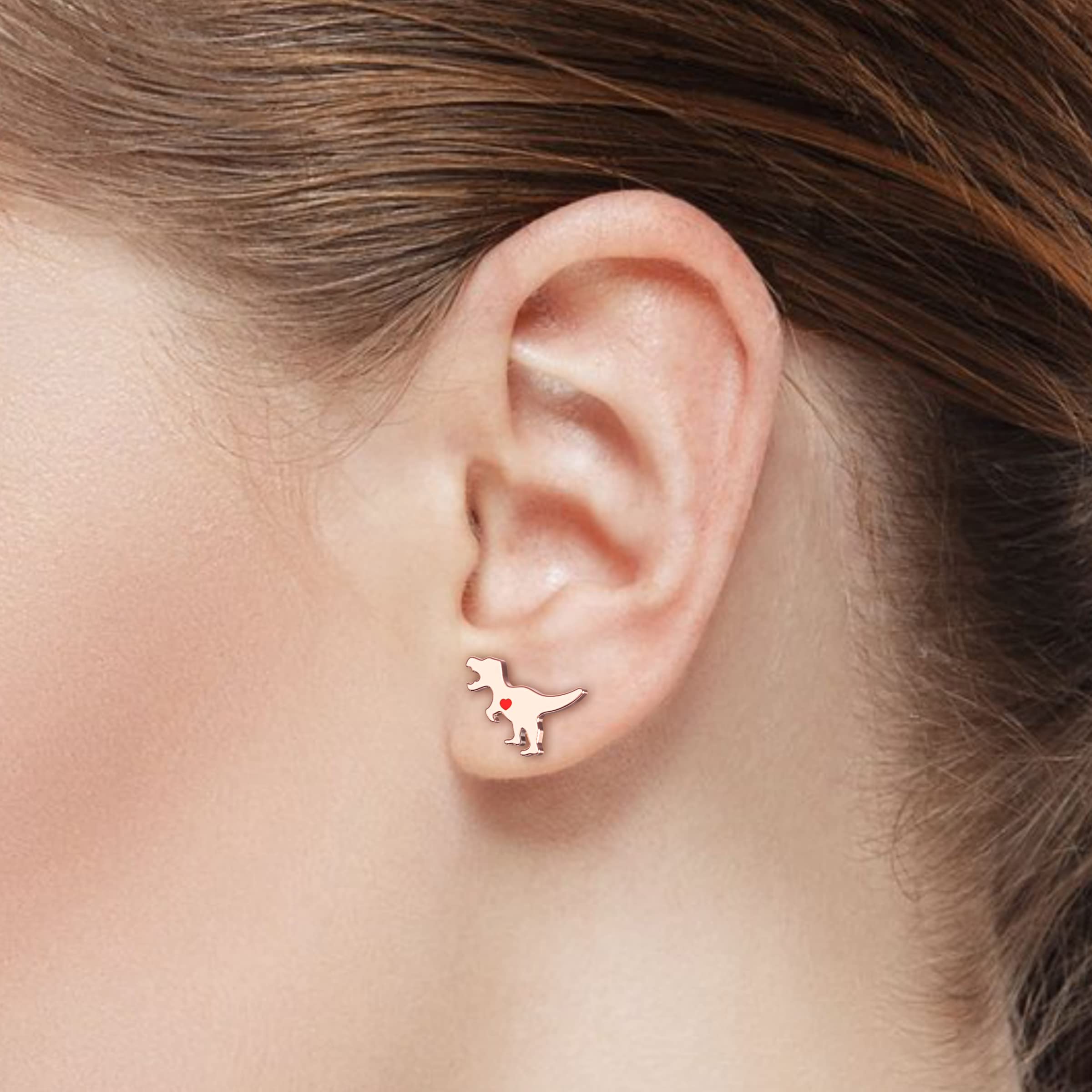 Dinosaur Earrings T-Rex Stud Set for Women and Girls β Cute Heart Design with Message Card (Rose Gold)