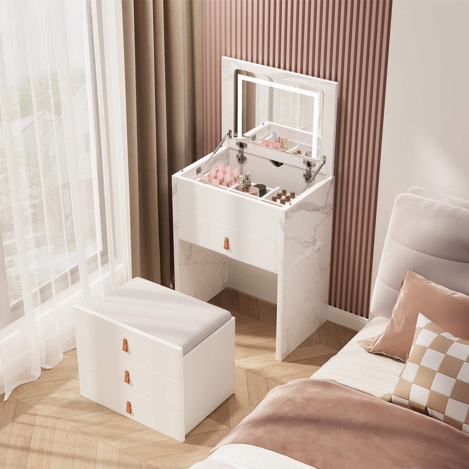 Makeup Vanity Desk with Mirror and Lights, 3-in-1 Vanity Set with 3 Drawers, Small Makeup Vanity with Hidden Stool, Compact Dressing Table Charging Station for Bedroom/Living Room-Beige