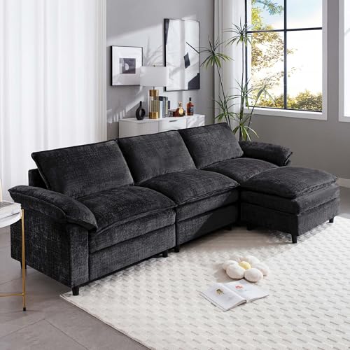 GNIXUU Modular Cloud Couch Sectional Sofa with Ottoman, 113.5" Oversized Comfy 4-Seat Black L Shaped Couch Set for Living Room, Chenille Sectional Sleeper Sofa with Soft Armrest & Cushion,
