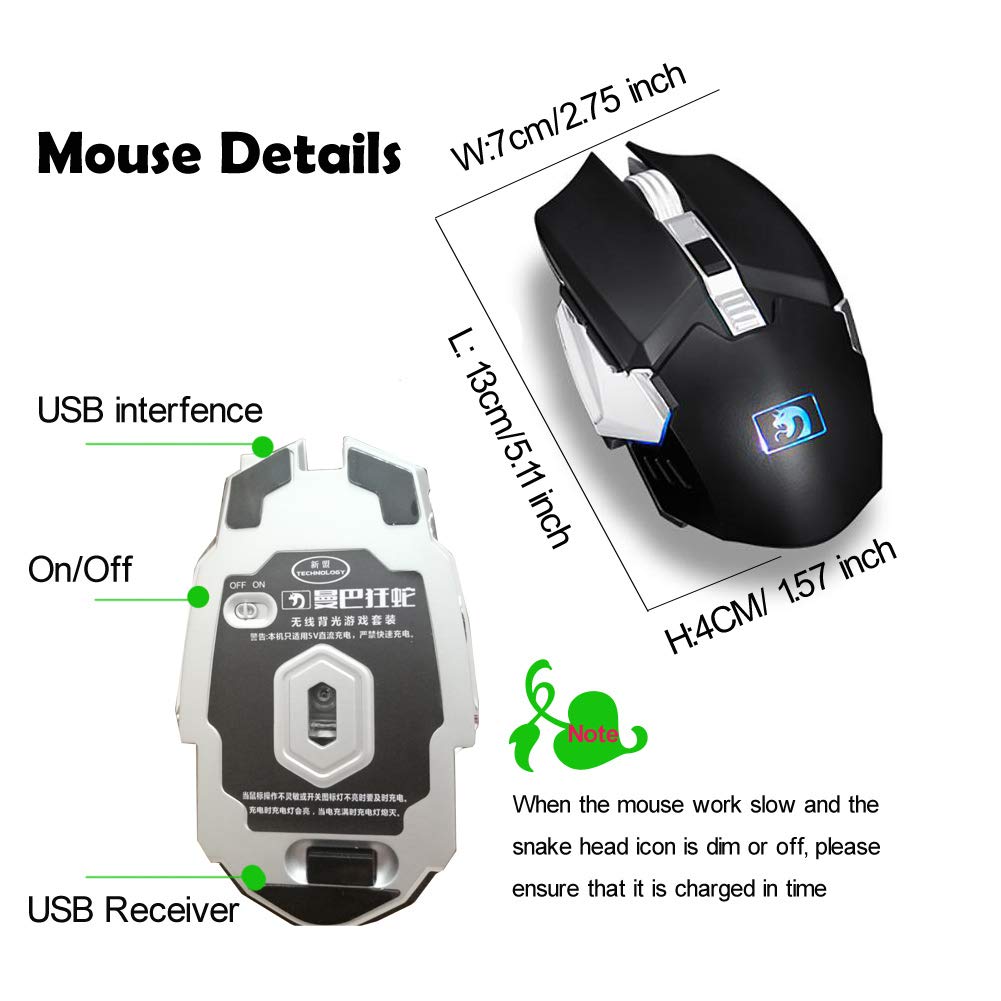 Soke-Six Wireless Rechargeable Backlit Keyboard and Mouse Combo, 2.4G Full-Size Mechanical Feel Gaming Keyboards with USB 2400DPl Mice,Adjustable Breathing Lamp,Anti-Ghosting (Black& Blue Light)