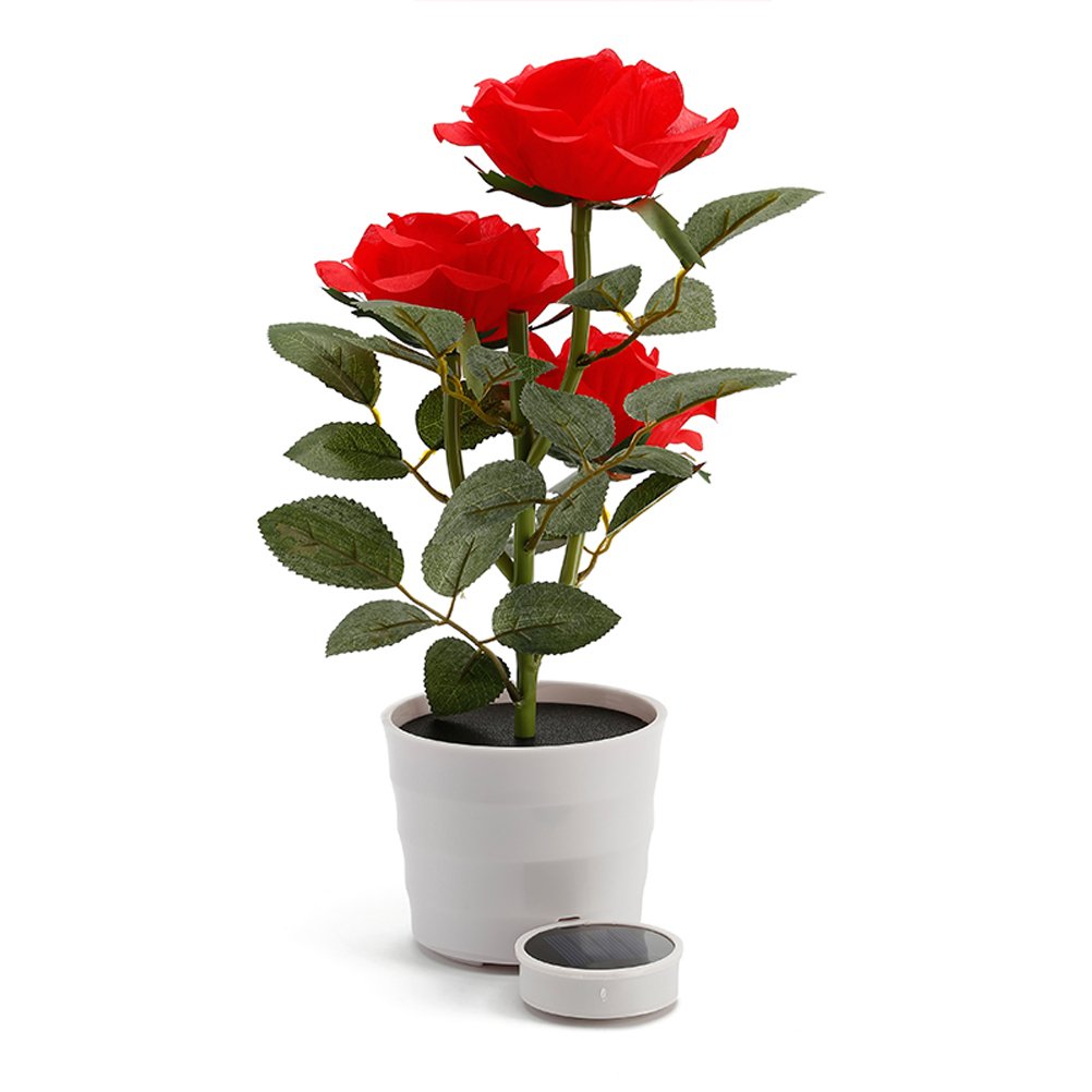 Solar Pot LED light Rose Table Lamp 3 Lights LED Flexible Desk Lamp for Room Decoration (Red)