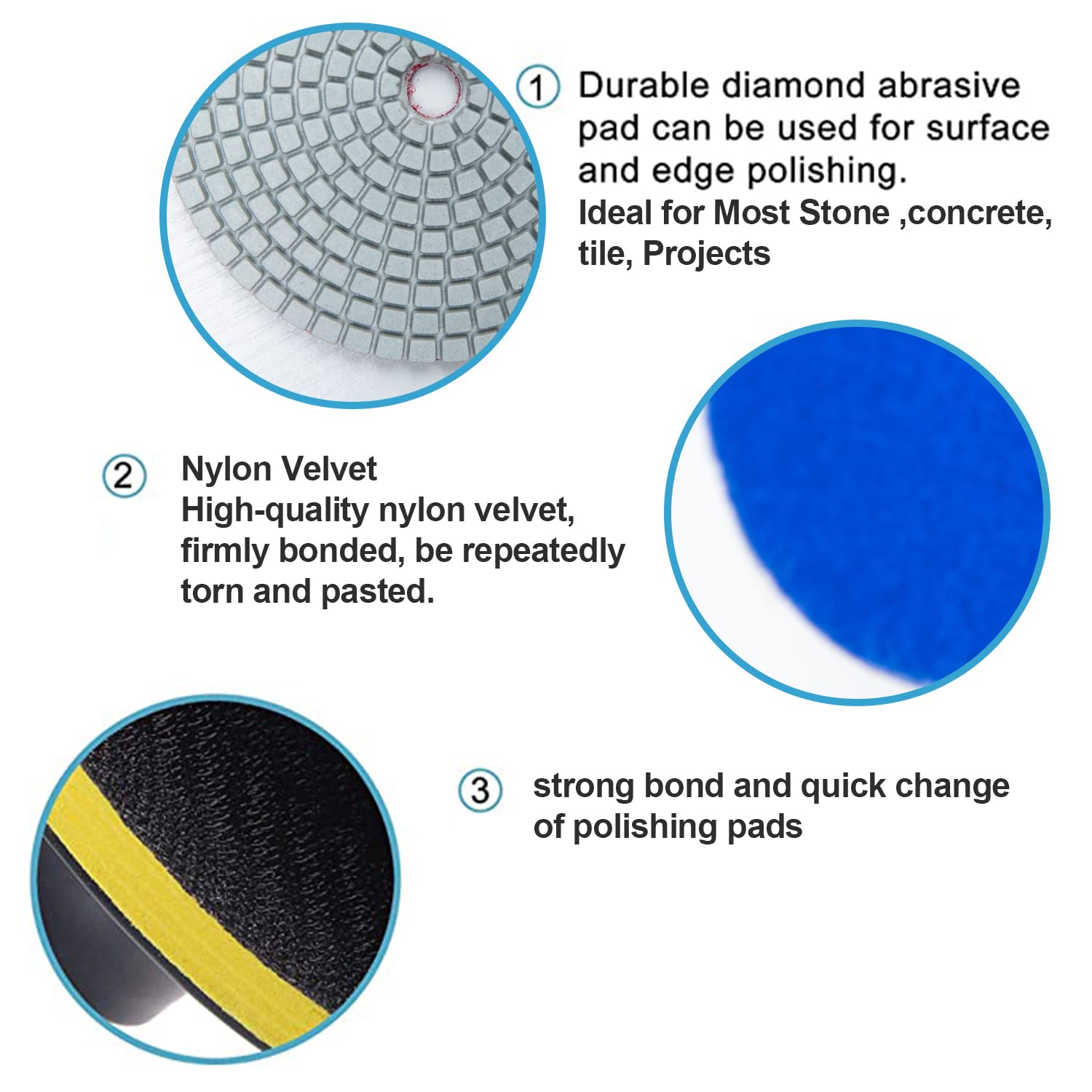 SSATISCN 4 Inch Diamond Polishing Pads with 5/8ββ-11 Backer Pad 8PCS Wet/Dry Polish Pad Kit 50-1500 Grit for Tile Granite Marble Concrete Polishing