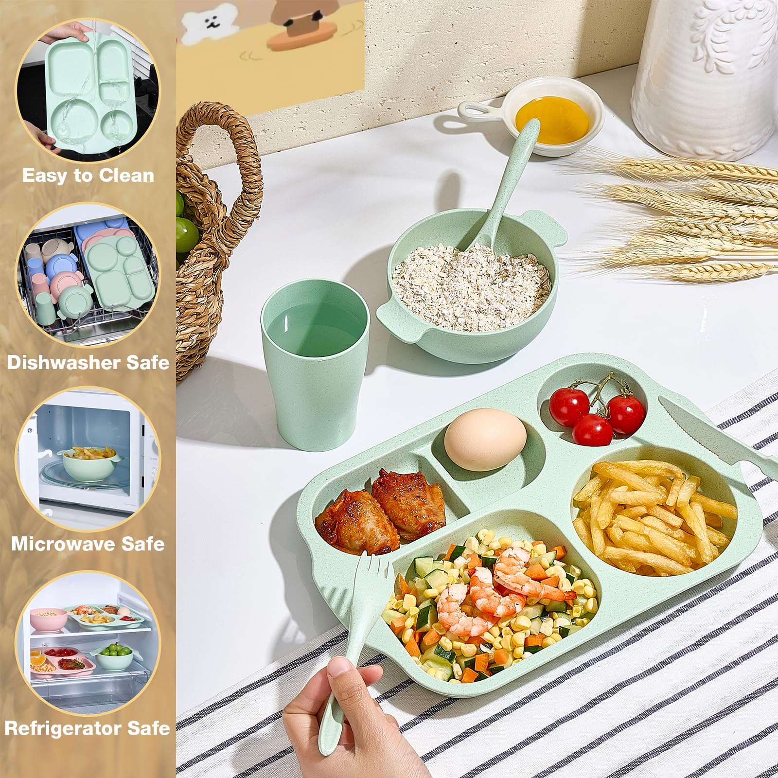 Hlukana 24 Pcs Wheat Straw Dinnerware Cutlery Set, Unbreakable Tableware Set, Including Kids Toddlers Divided Plates, Bowls, Cup, Cutlery Spoons Knifes Forks, BPA Free, Microwave Dishwasher Safe