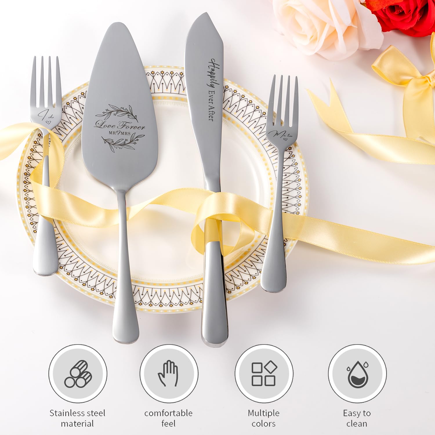 Gold Cake Cutting Set for Wedding, Wedding Cake Knife and Server Set, Pie Server Spatula and Cake Cutter Set for Wedding Mr and Mrs Gifts