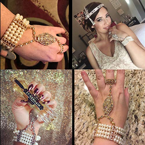 Coucoland 1920s Flapper Bracelet Ring Set Roaring 20s The Great Gatsby Austrian Crystals Imitation Pearl Bracelet Accessory (Silver)
