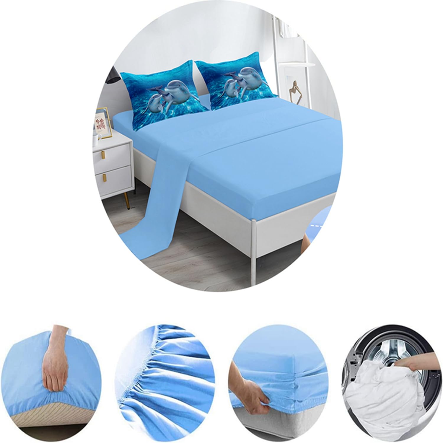 Dolphin Comforter Set Full Size Bed in a Bag Cute Dolphin Jumping Blue Ocean Themed Bedding Set for Boys Girls Room Decor with Comforter,Pillow Shams,Flat Sheet,Fitted Sheet,Cushion Cover(Full6Pcs)