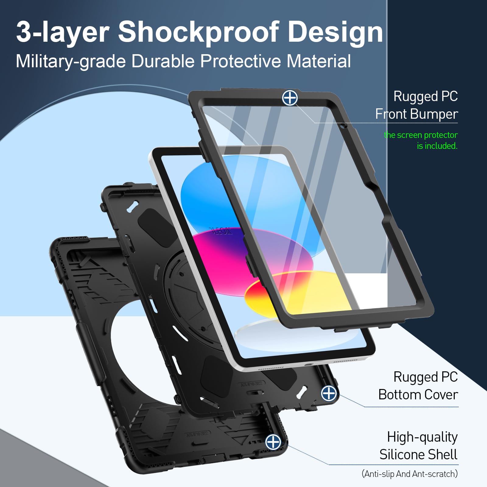 GROLEOA Rugged Case for iPad 10th Generation 2022: Military Grade Shockproof Protective Cover for iPad 10th Gen 10.9 Inch with Screen Protector-360° Rotatable Stand- Hand/Shoulder Strap, Rainbow Pink
