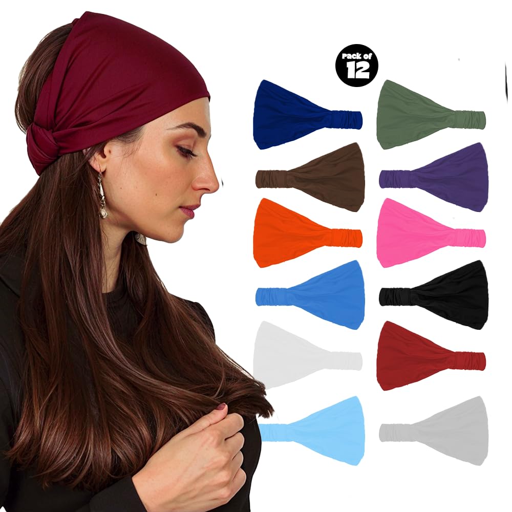 CoverYourHair Wide Headbands for Women - Cotton Thick Headbands for Women - (12 Pack Wide Headbands)
