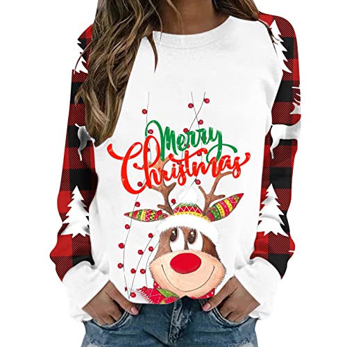GuangYuan Women Long Sleeve Tshirt Christmas Print Pullover Large Size Slouchy Sweatshirt Warm Breathable Tunic Tops Fall Sweatshirt White
