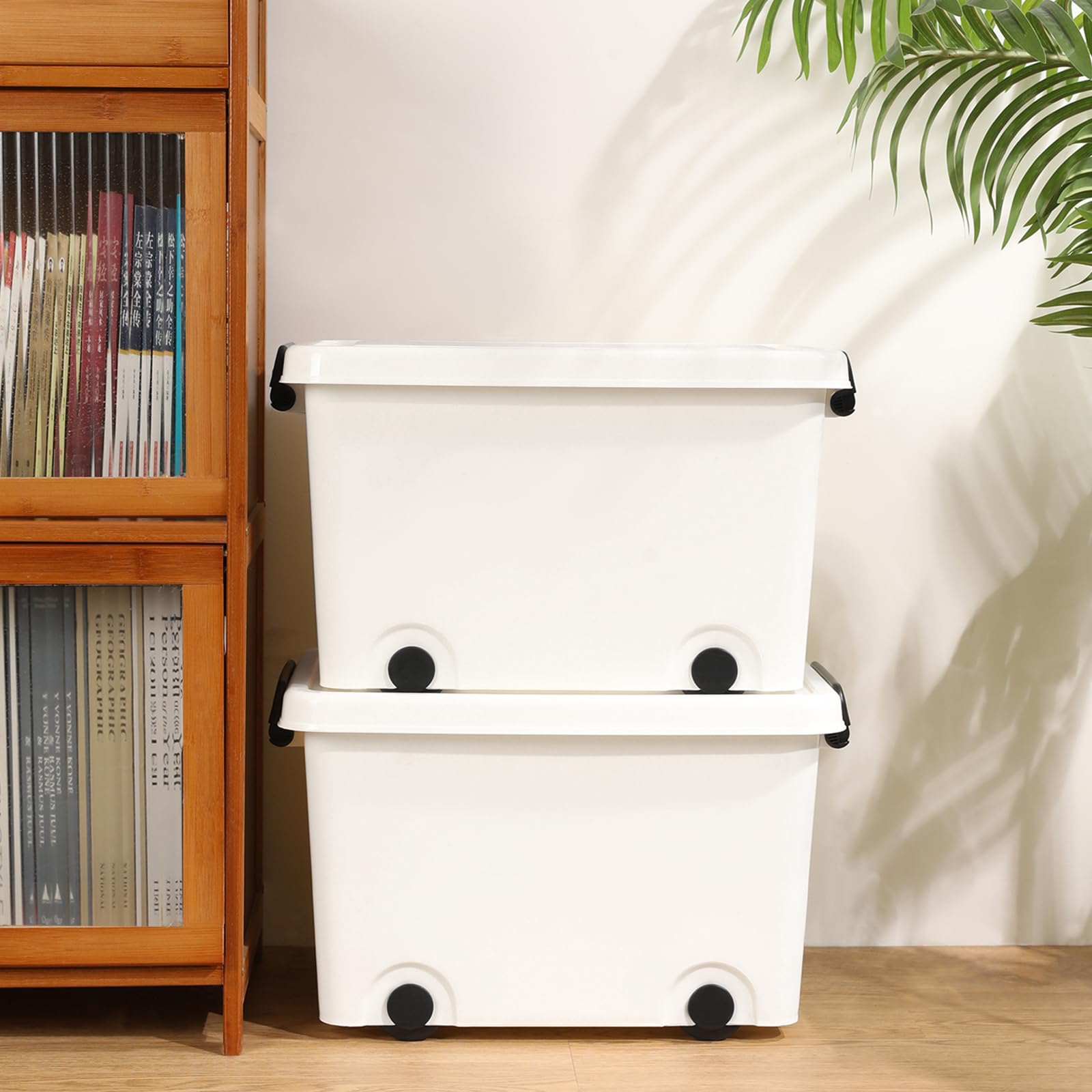 GUMEIGODA 23 Qt Latching Storage Bin,Stackable Bin with Wheels and Latching Lids,Removable Storage Containers, Clothes Bins Storage for Closet Organization,Thickened Plastic,White,3-Packs (white, 3M)
