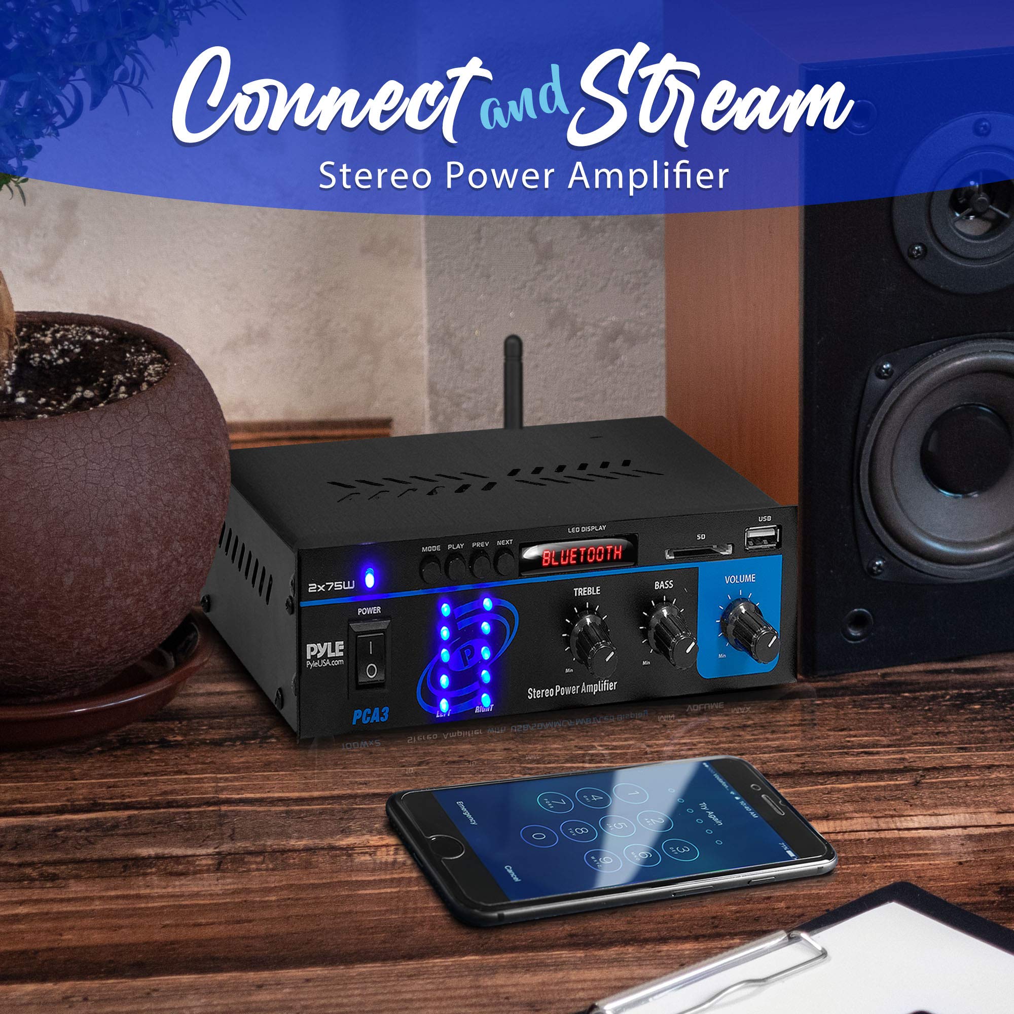 Pyle Home Home Audio Power Amplifier System - 2X75W Mini Dual Channel Sound Stereo Receiver Box w/ LED - For Amplified Speakers, CD Player, Theater via 3.5mm RCA - For Studio, Home Use - Pyle PCA3