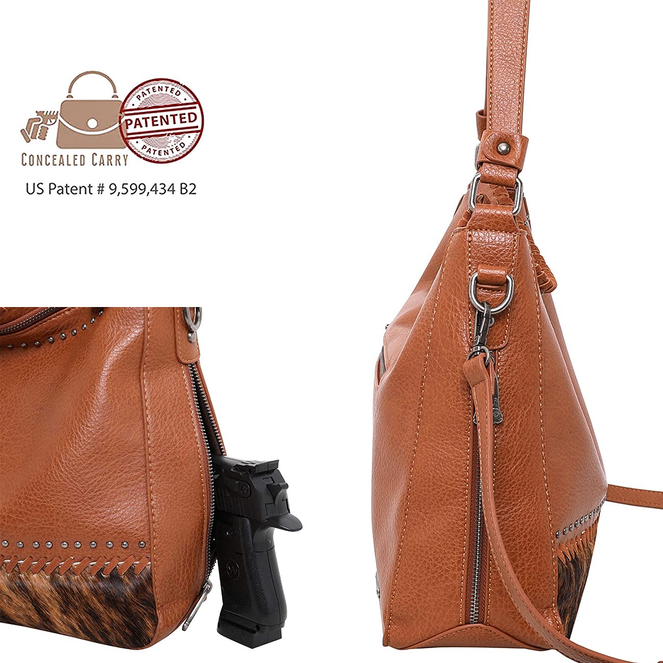 Cowhide Fur Dual Sided Concealed Carry Handbag Genuine Leather Hair on Hide Hobo Purse Brown Shoulder Bag TR123G-918BR