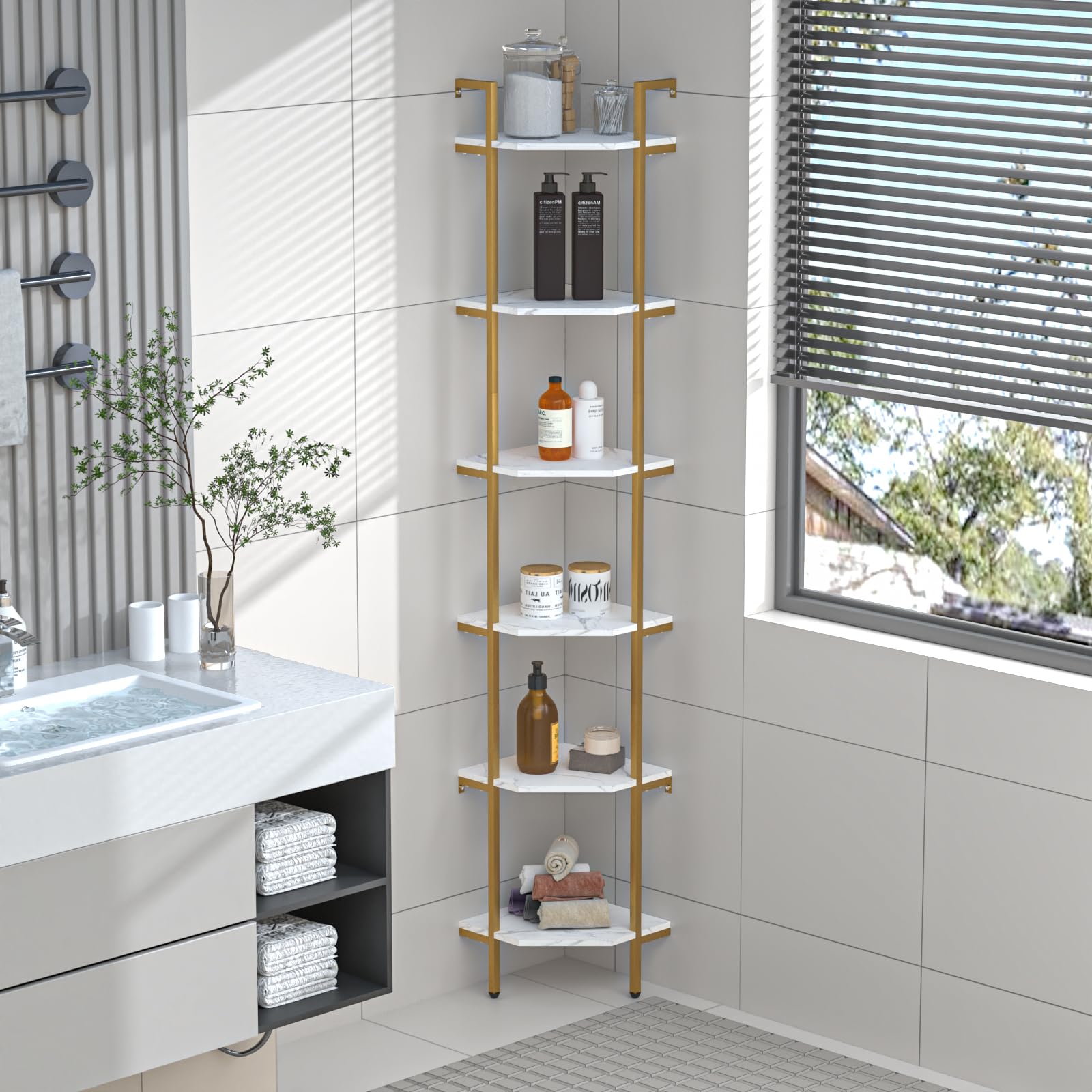 Dosker Corner Shelf White Wall Mounted Bookshelf, 6 Tier Plant Stand and Display Shelf for Living Room,Wall Corner Bookshelf Multi Storage Organizer Ladder Style Shelving Unit with Marble Accents