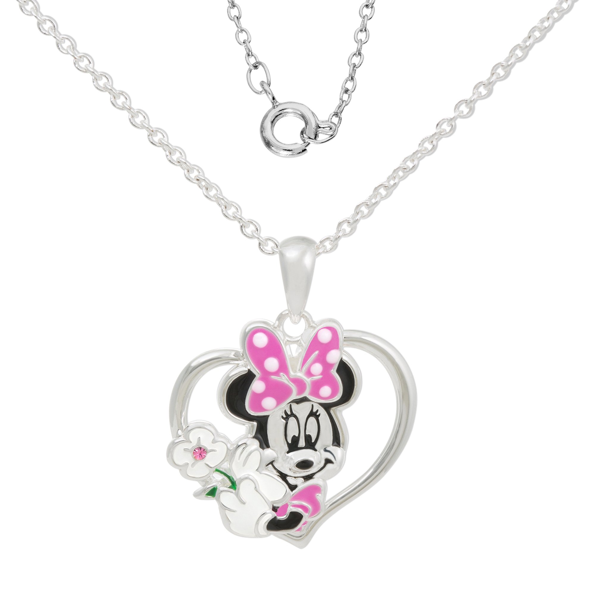 Disney Necklace, Minnie Mouse Heart Crystal Pendant, Silver Plated, 18"
