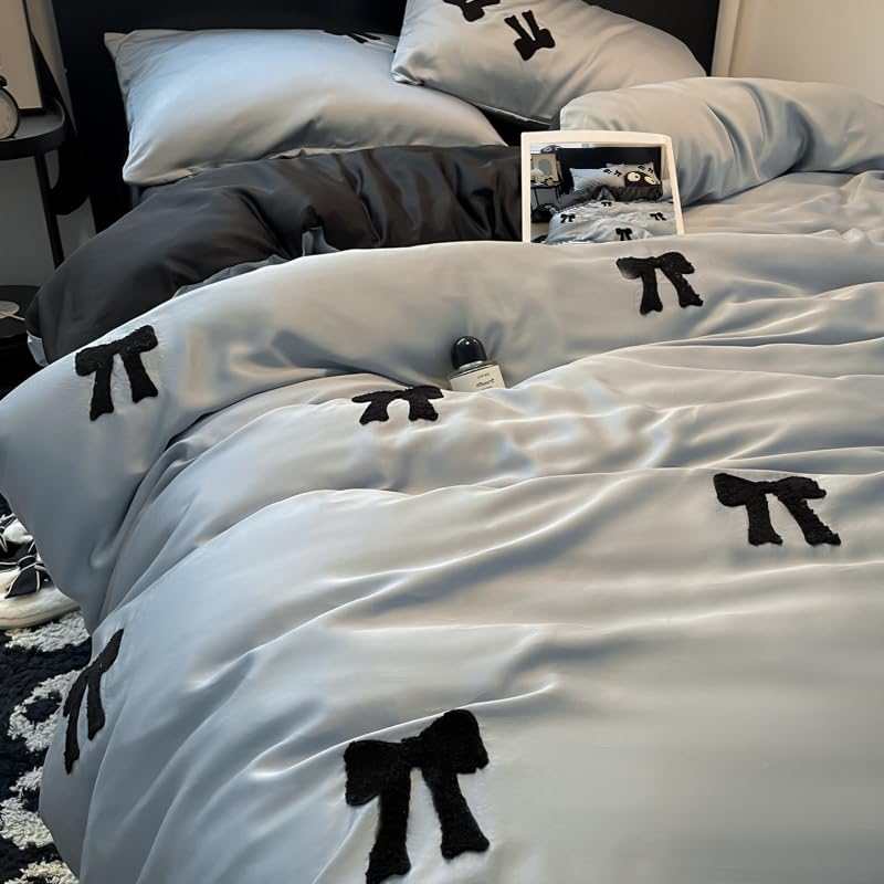 MASTERMARK Blue Duvet Cover Set ļ¼3 Piece Luxury Silky Black Bow Design Bedding Set with 2 Pillow Shams with Zipper Closure (No Comforter) 86x94 Inches