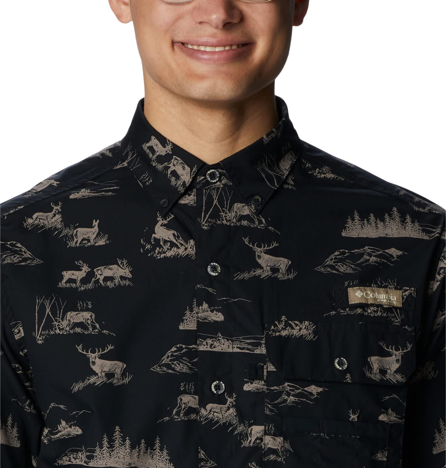 Columbia Men's Super Sharptail Short Sleeve Shirt, Black High Country Print, X-Large