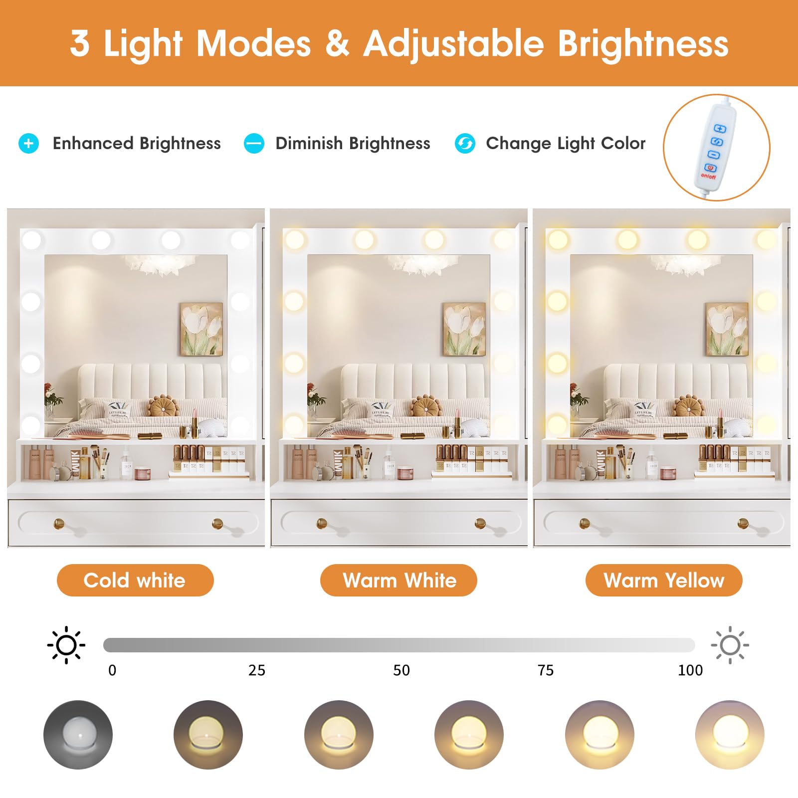 Mauqvit Vanity Desk with Mirror and Light,Vanity Desk with 2 Large Drawers, 2 Large Storage,Charging Station and 10 Lights 3 Lighting Modes Adjustable Brightness Dresser, White