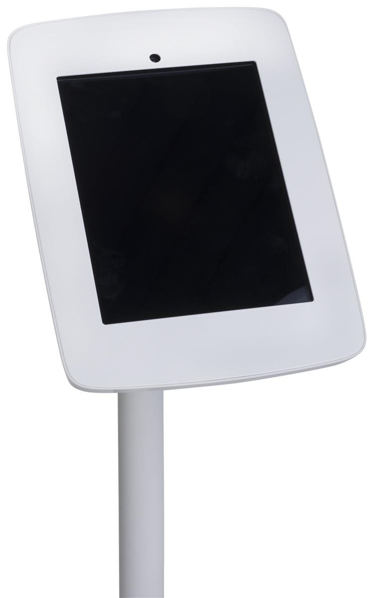 Displays2go White Retail Stand for iPad, Steel & ABS Plastic, Rotating & Tilting, Covered Home Button β White (TABFLWH)