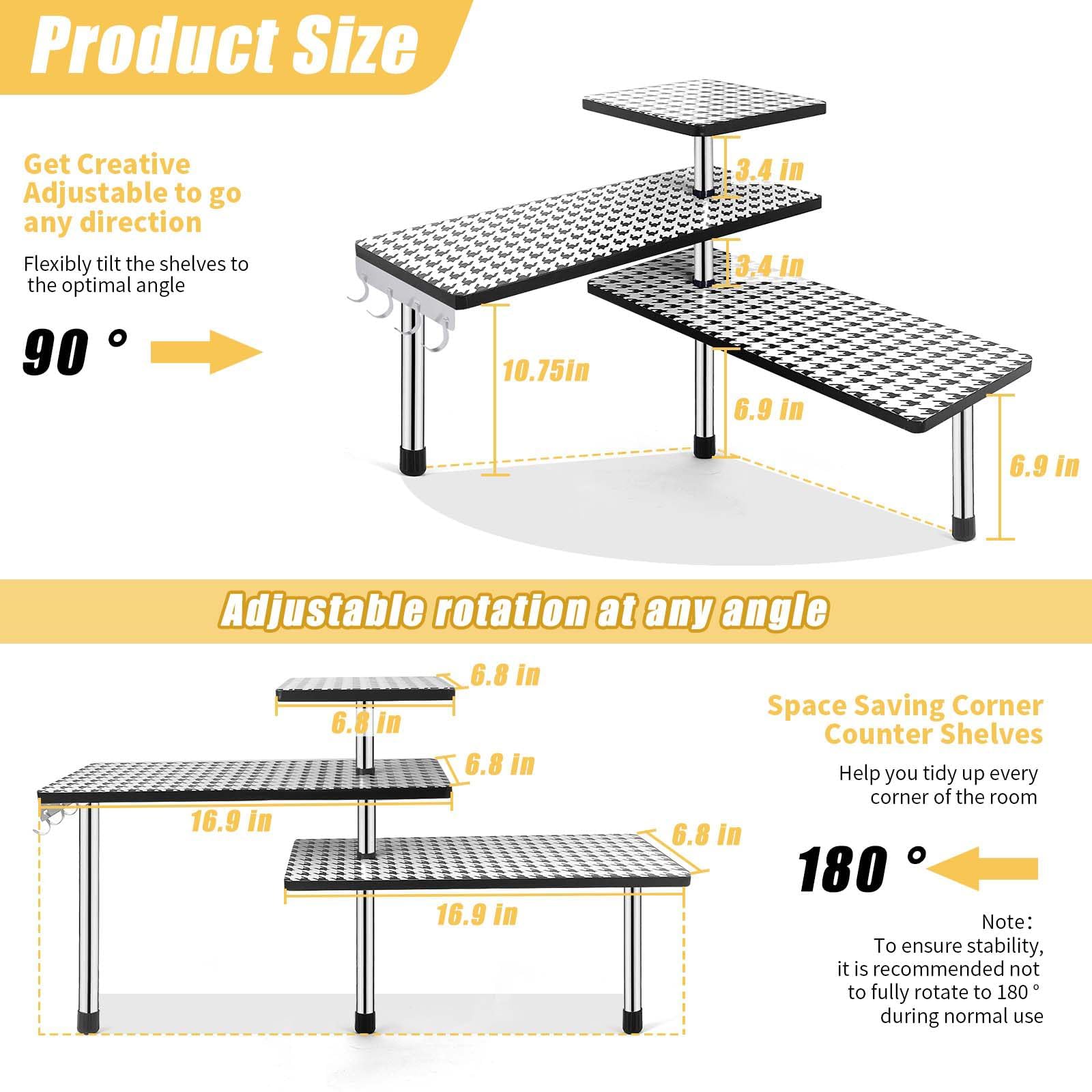 DRDINGRUI 3-Tier Bamboo Countertop Organizer, Kitchen Corner Shelf Organizer, Movable Corner Shelf with Hooks for Kitchen, Bathroom, Living Room, Office, White