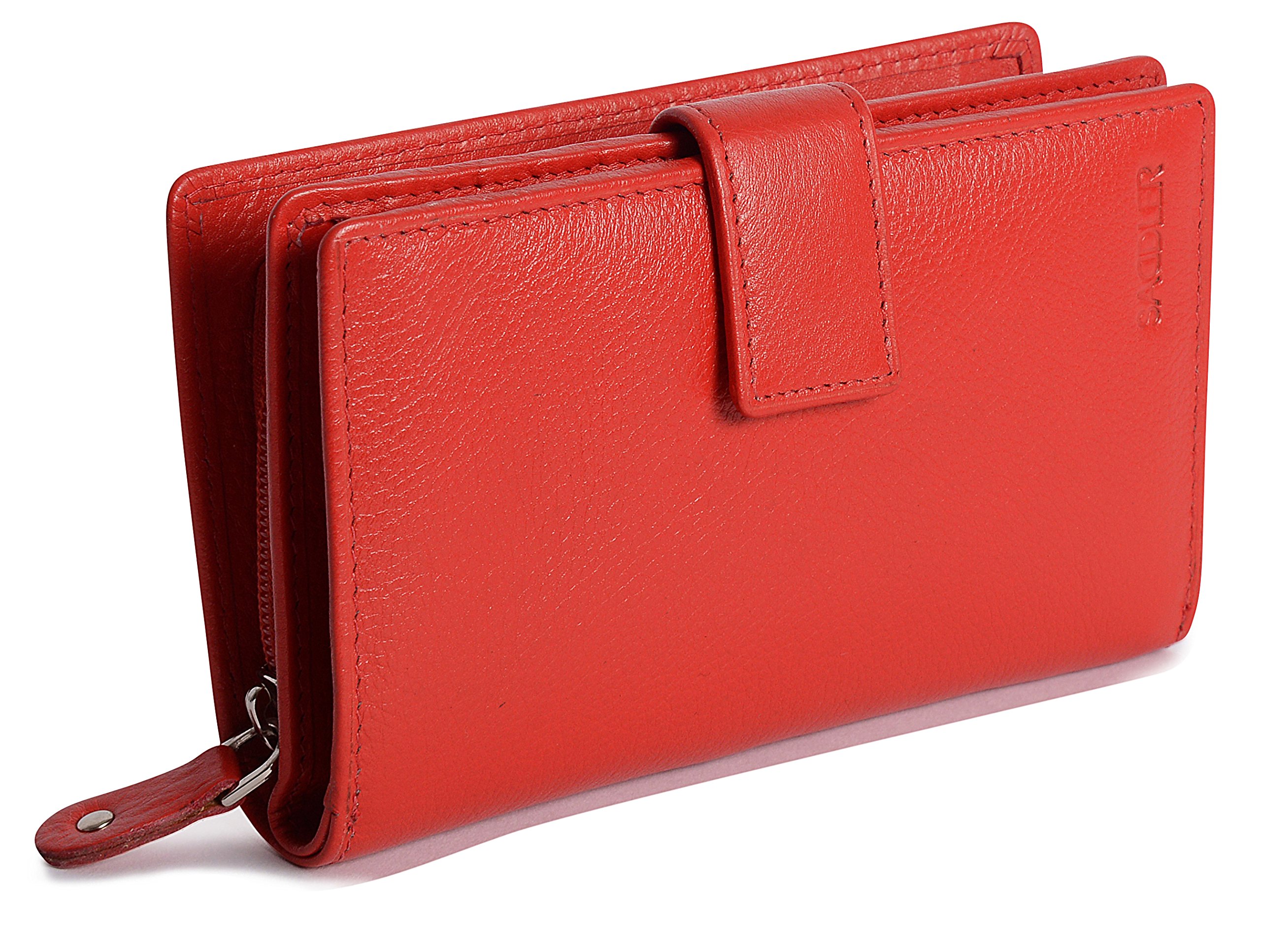 SADDLER Womens Luxurious Leather Bifold RFID Wallet Clutch Zipper Purse| Designer High Capacity Credit Card Holder with Large Zipper Coin Purse for Ladies | Gift Boxed - Red