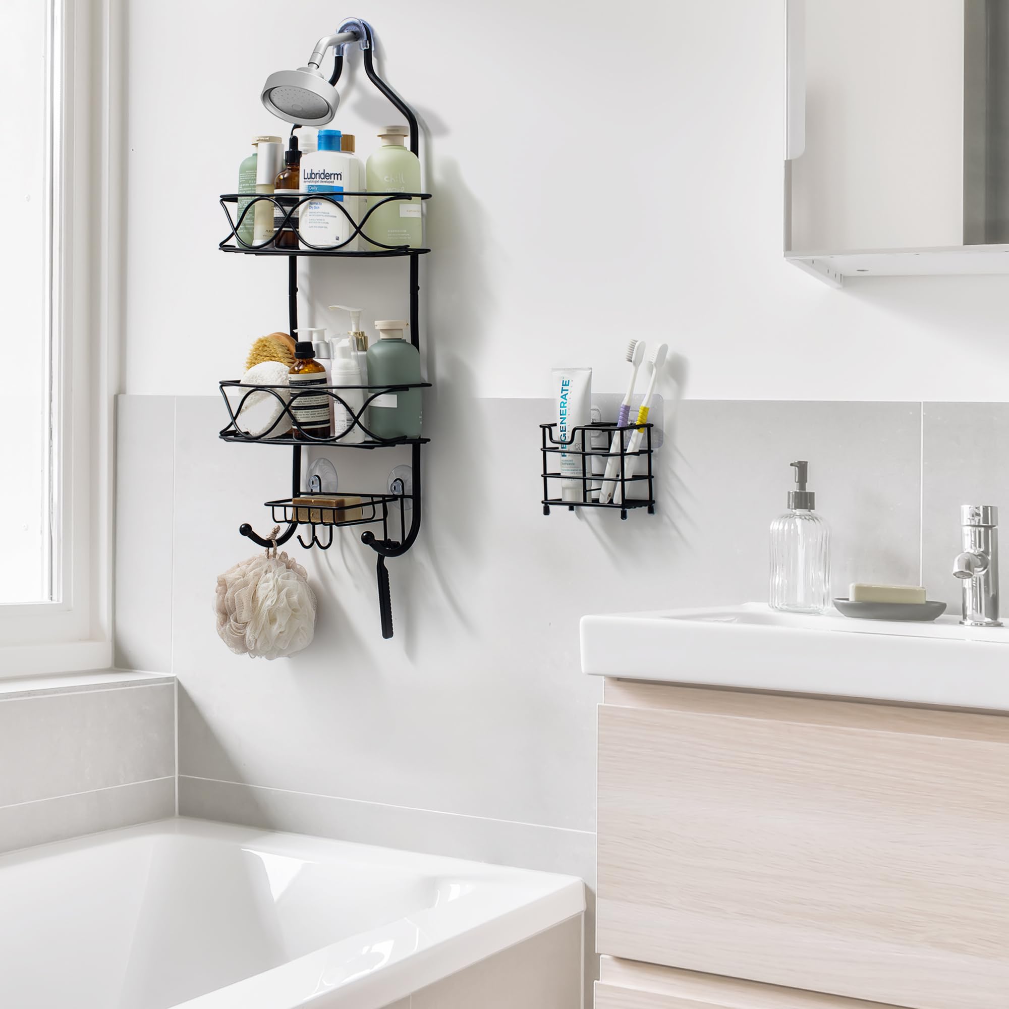 GRANNY SAYS Shower Caddy Hanging, Shower Organizer with Toothbrush Holder, Shower Holder Over Shower Head, Shower Racks for Inside Shower, Black Shower Caddy, Bathroom Shower Organizer