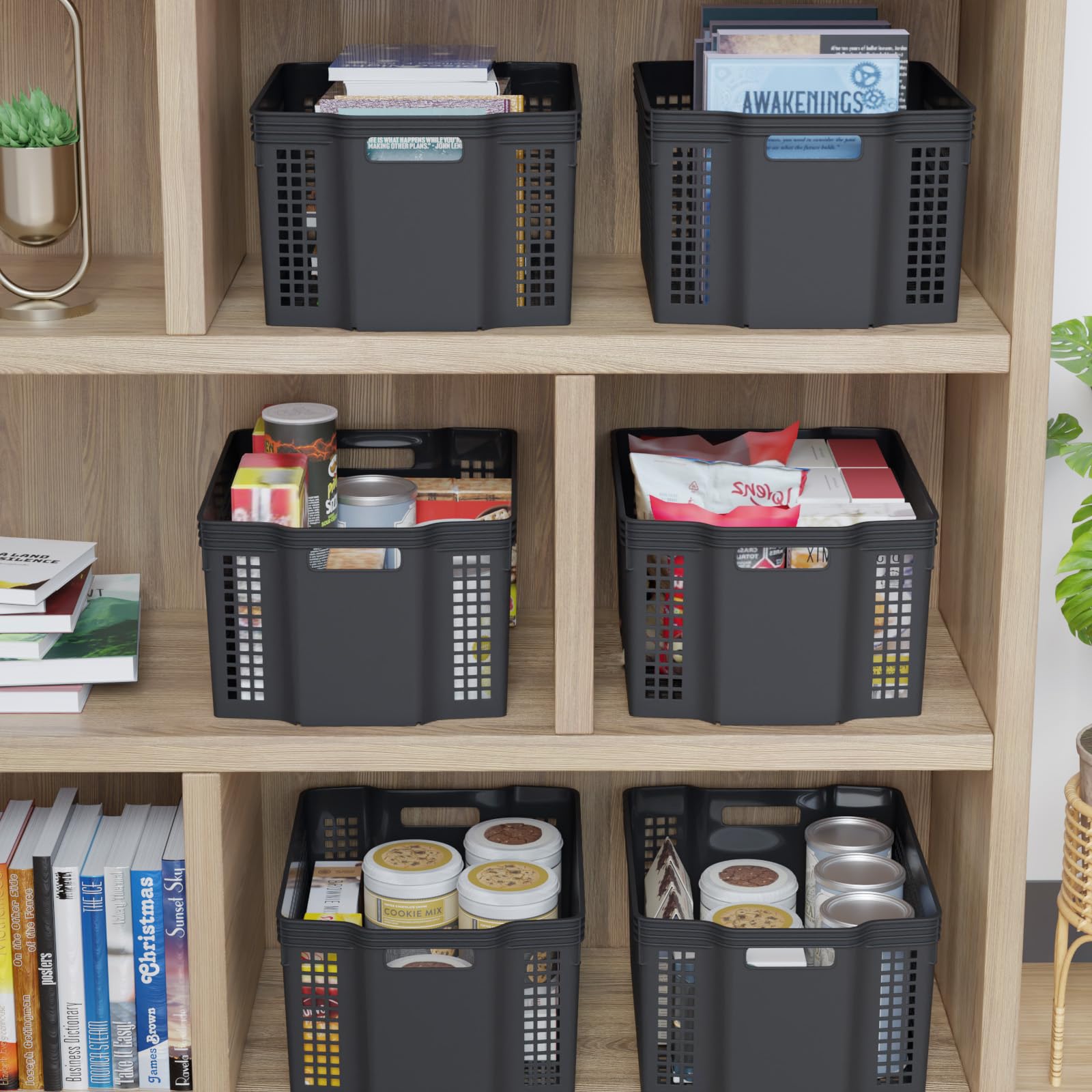 Drephia 12 Pack Large Storage Plastic Basket, Stacking Organizer Bins, 14.17" x 10.70" x 7.12", Black